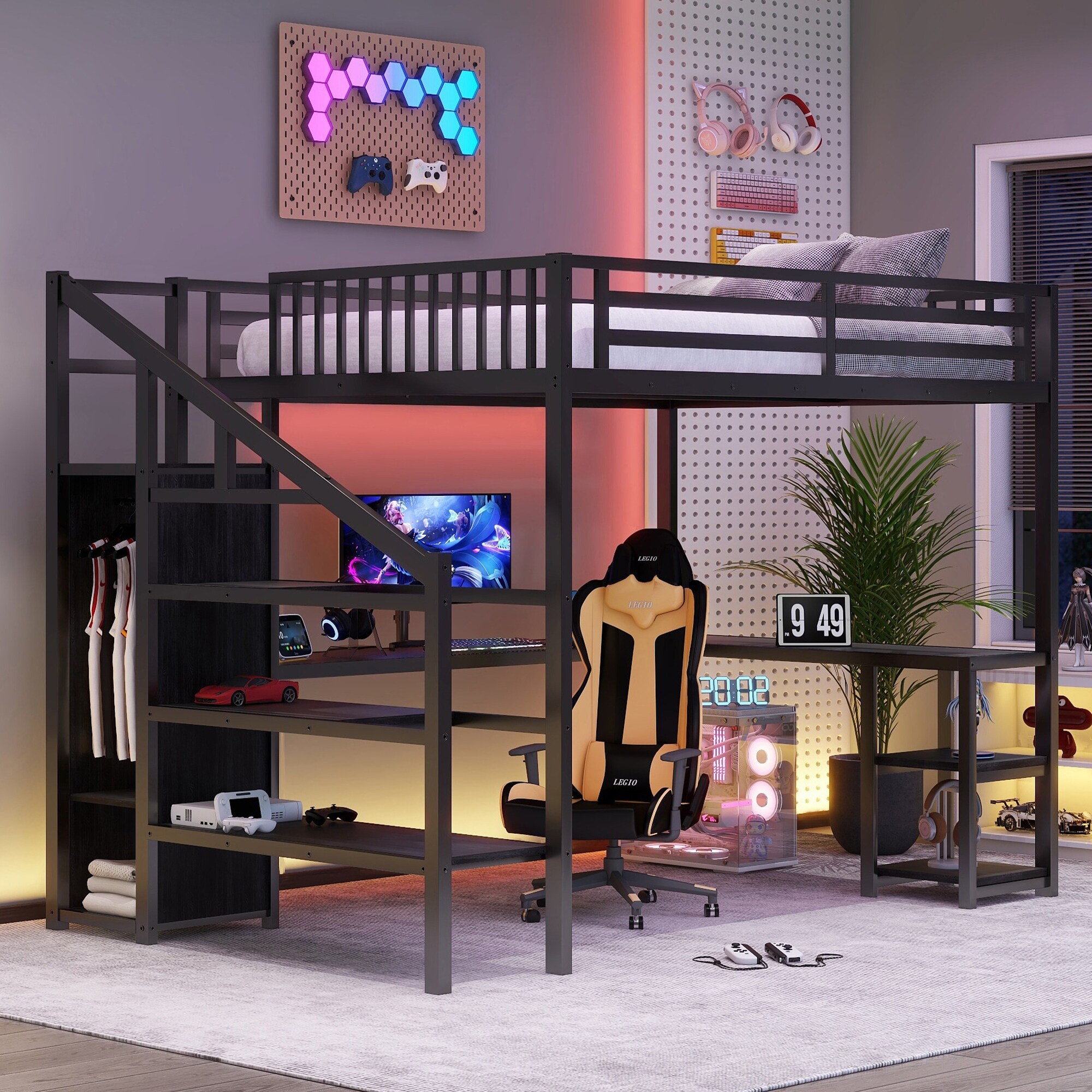 LOVMOR Metal Queen Loft Bed with Wardrobe and LED Light Queen Size Loft ...