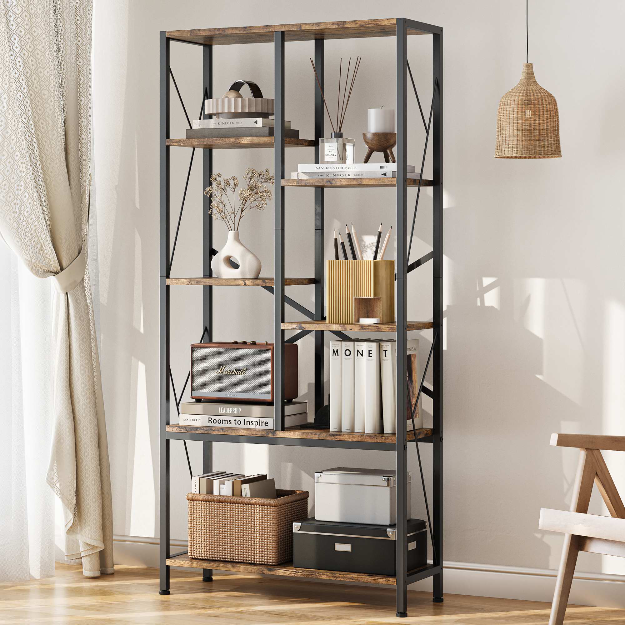 Garvee 69.48in Industrial Bookshelf Split Level Vintage Storage ...