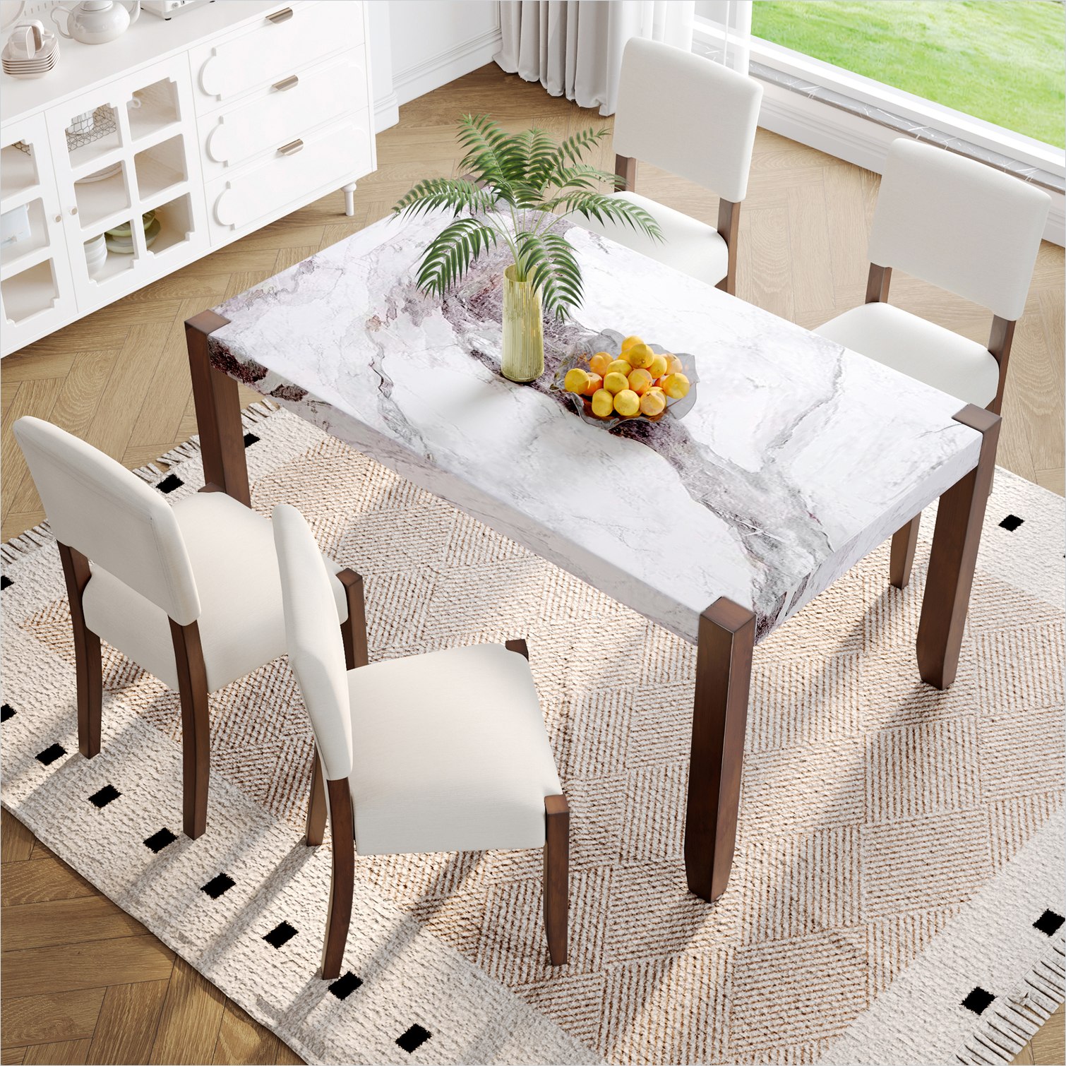 Watnature White Faux Marble 5-Piece Round Dining Set with 4 Upholstered ...