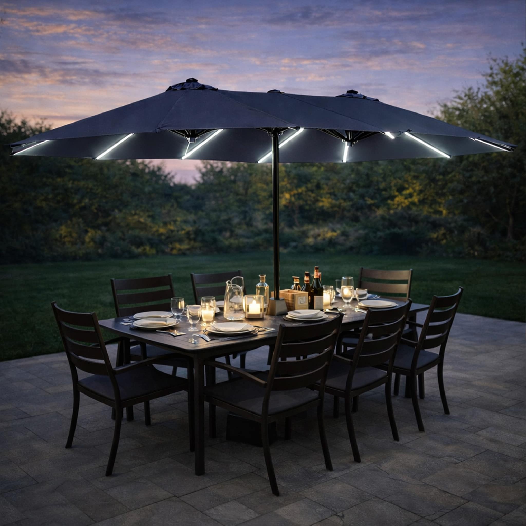 Kozyard 15-ft Steel Navy No-tilt Market Patio Umbrella with Lights with ...