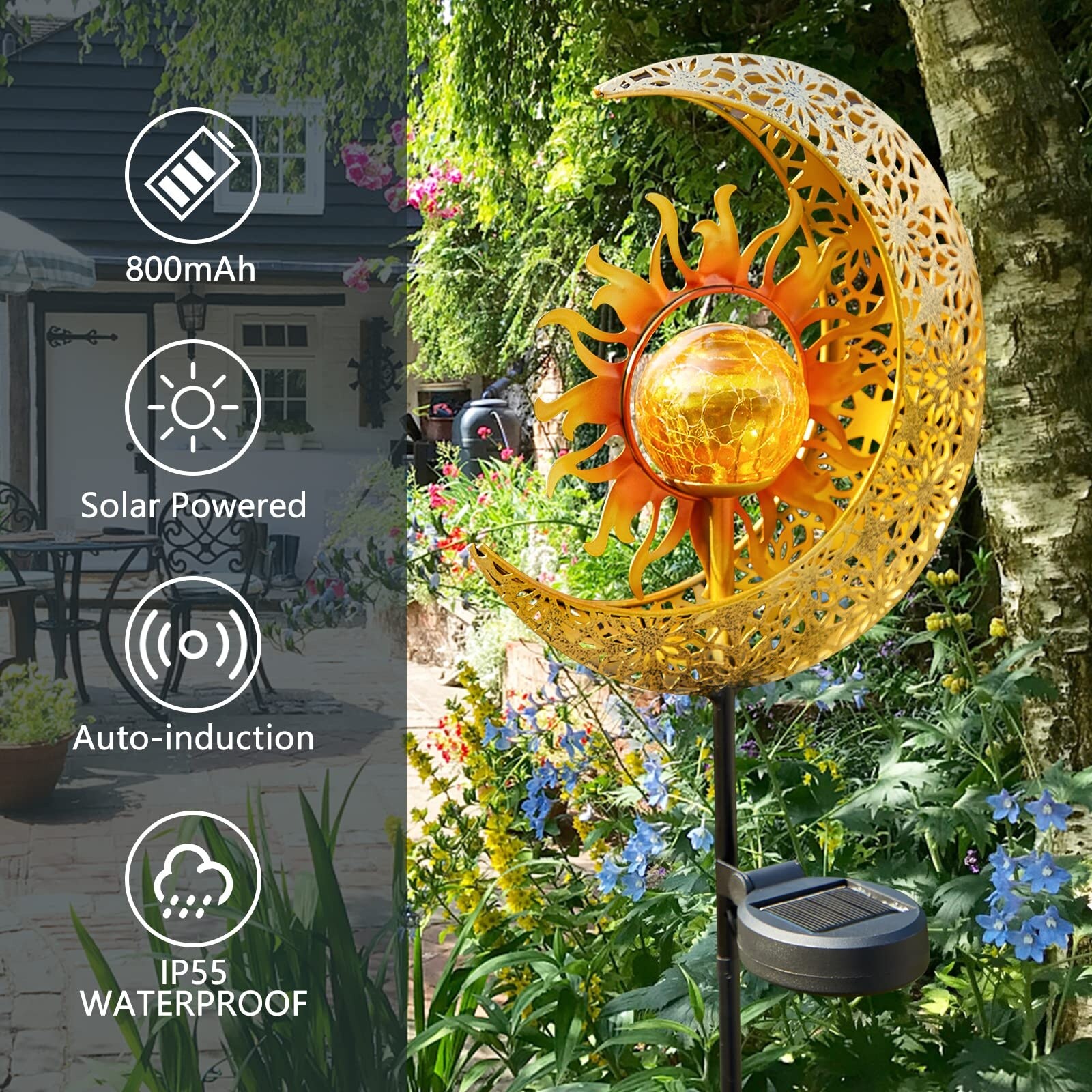 Oyezvary Solar Garden Lights Sun and Moon Crackle Glass Globe Metal ...