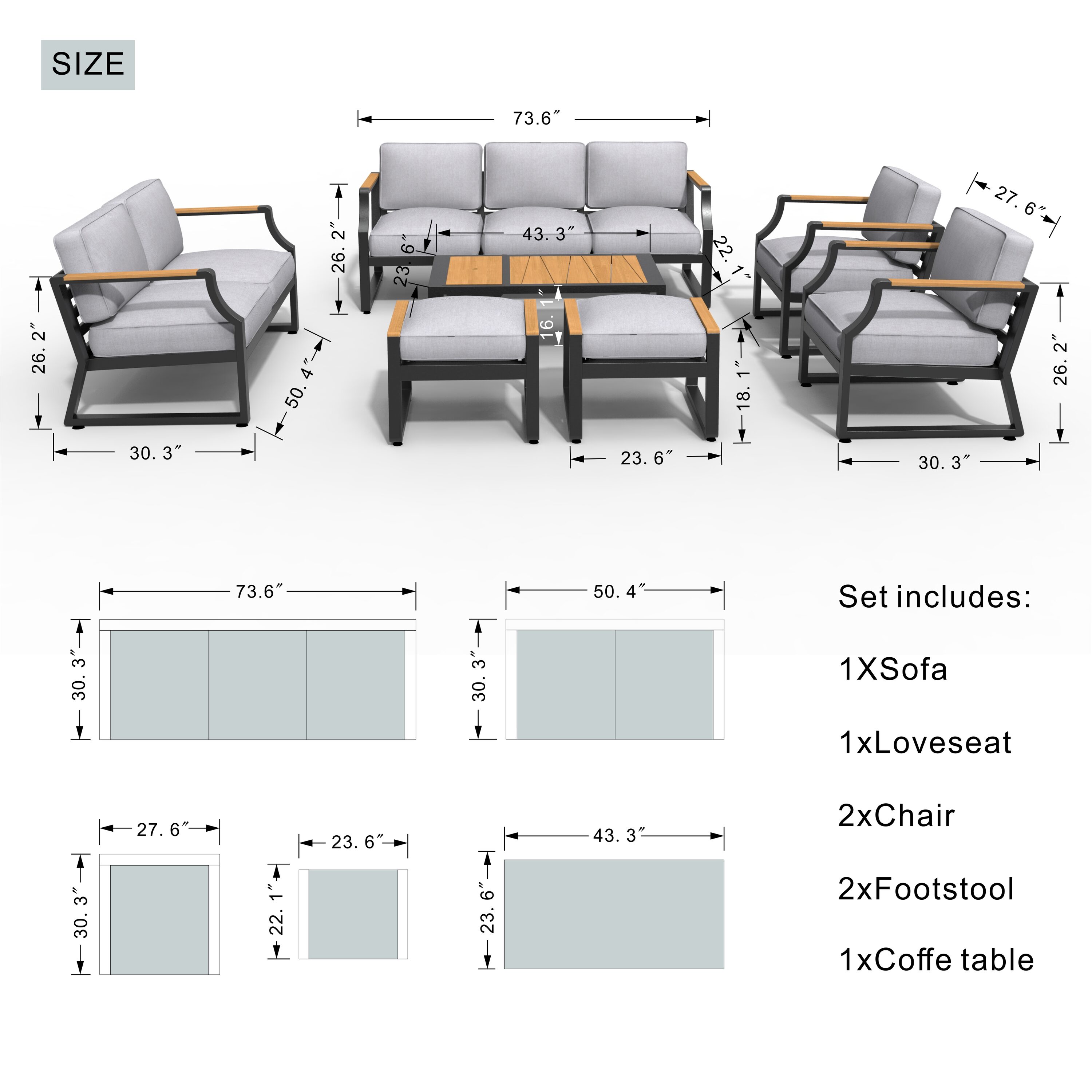 Moda Furnishings Mella 7-Piece 2 Patio Sofa Conversation Set with Gray ...