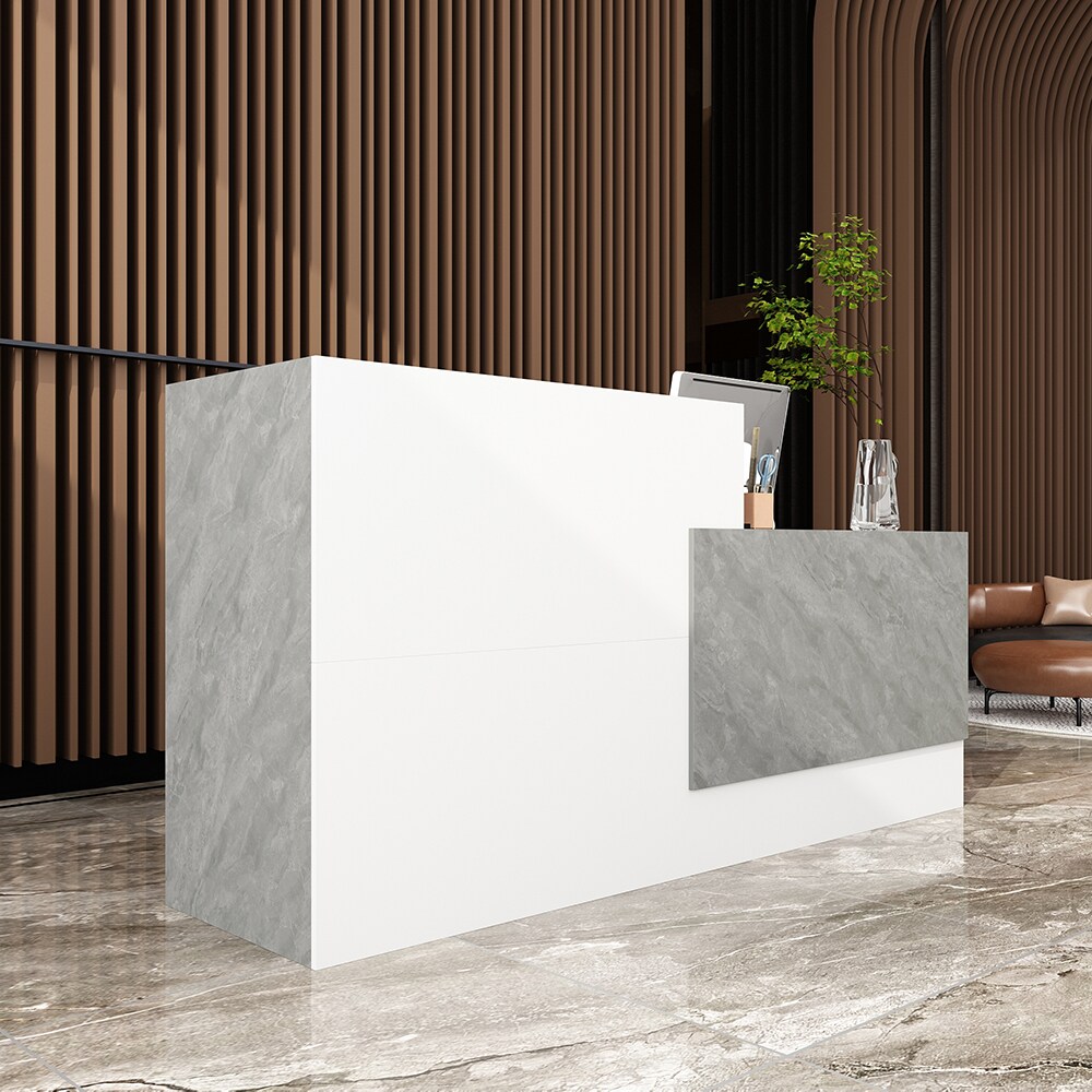 Famapy Modern White Reception Desk with Gray Stone Accent and Open ...