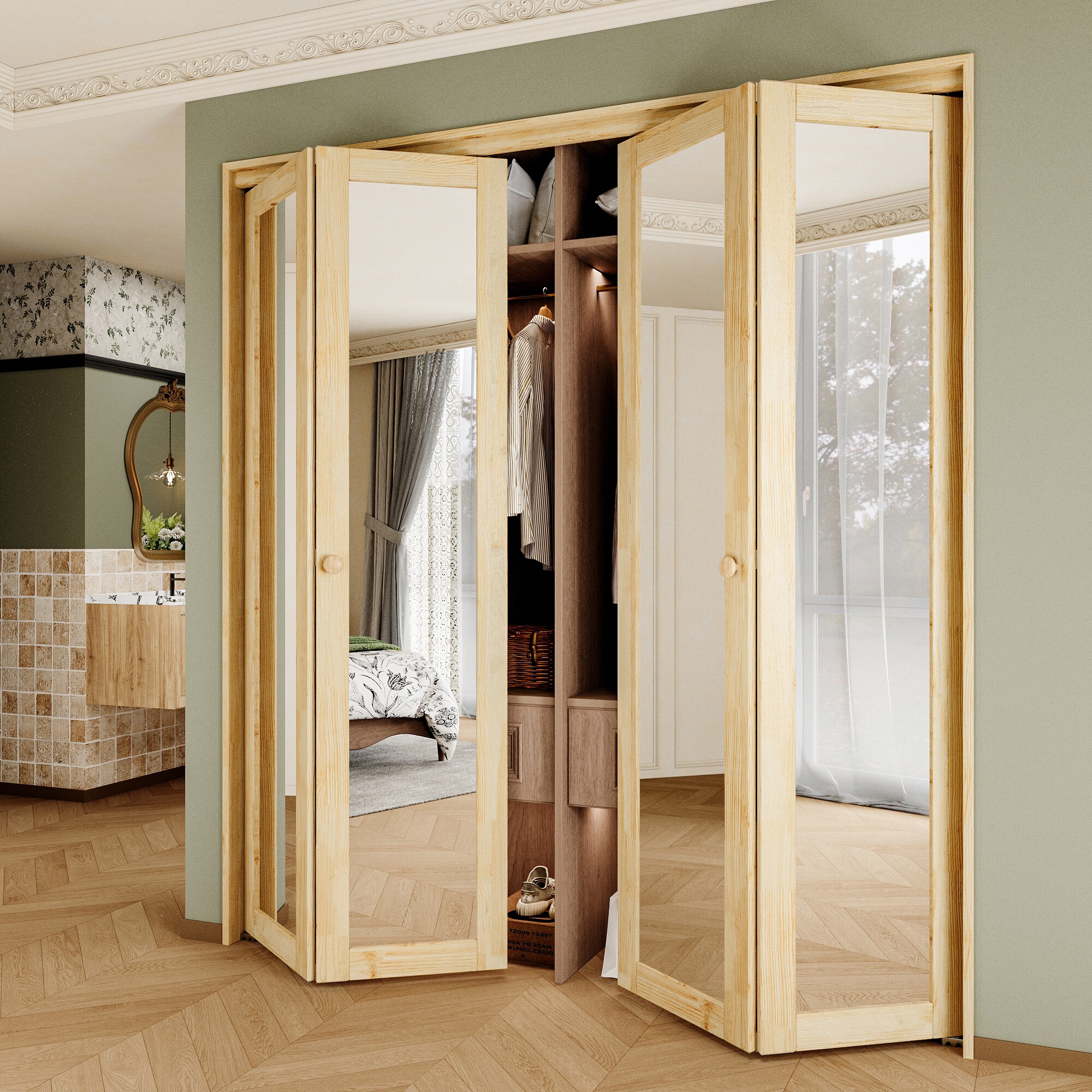JUJUBON 72-in x 80-in natural 1-panel Mirrored glass Textured Solid ...