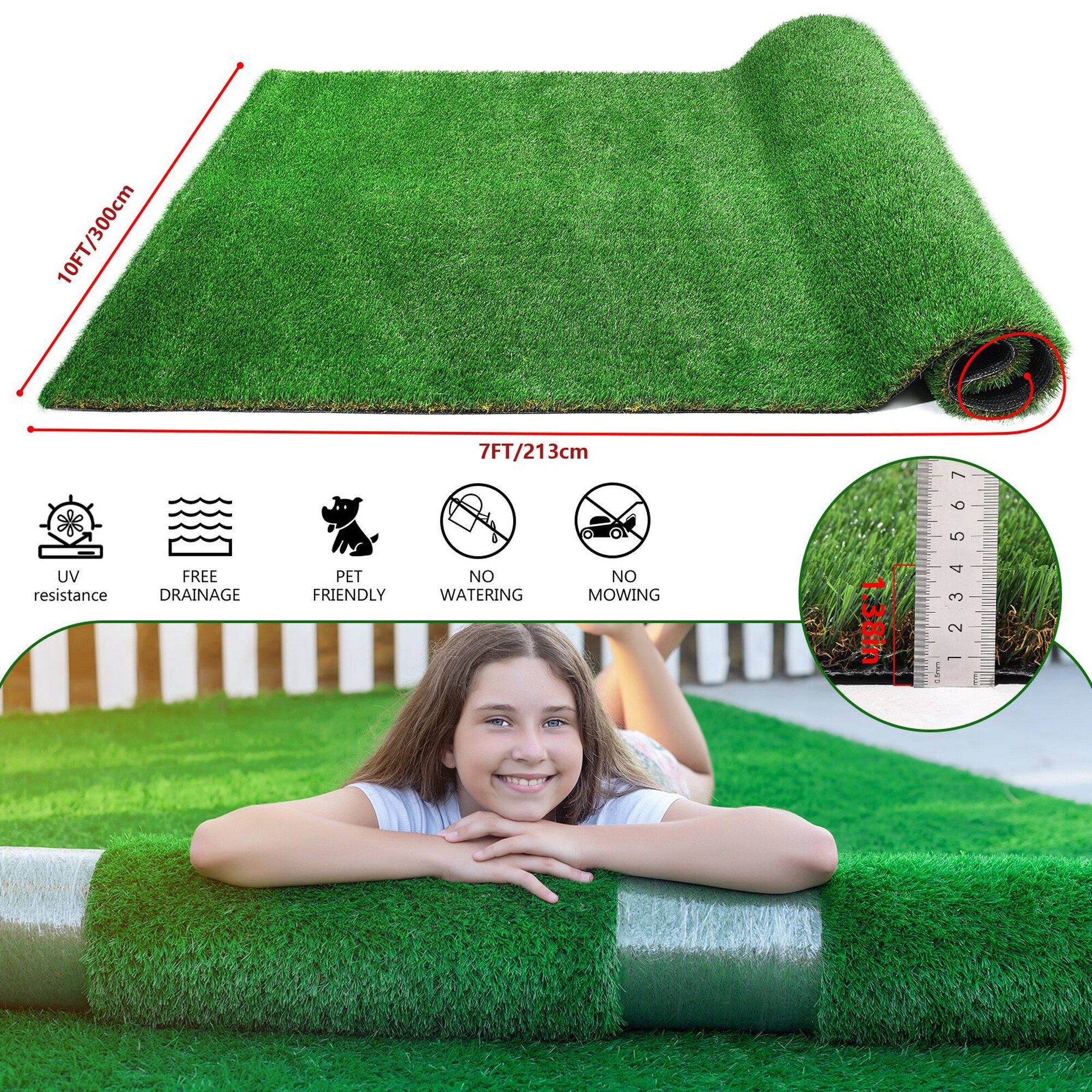 Boyel Living 7FT x 10FT Outdoor Artificial Grass Runner with 1.38 Inch ...