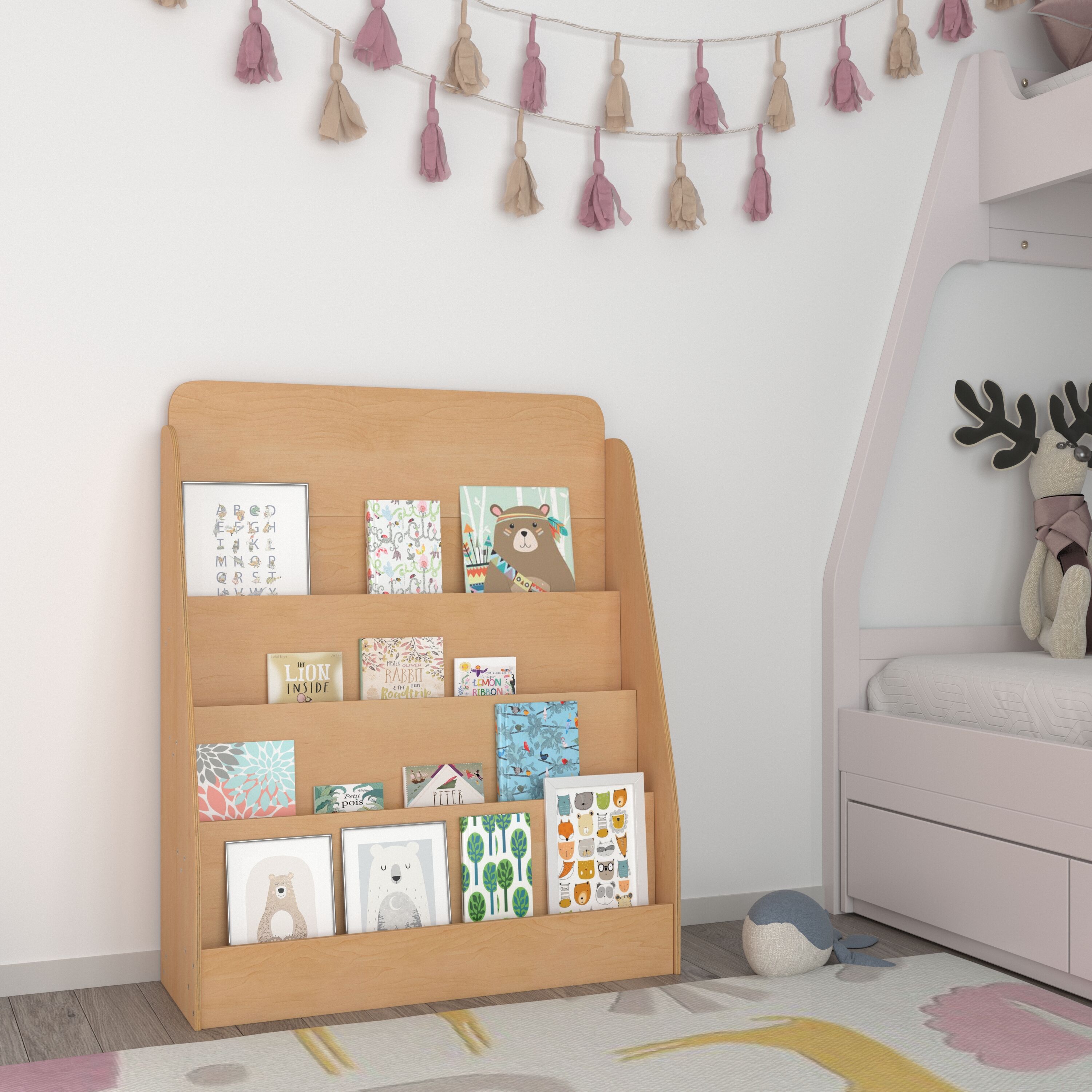 Emma + Oliver Kids Natural Wood Book Storage Shelf with 4 Storage Slats ...