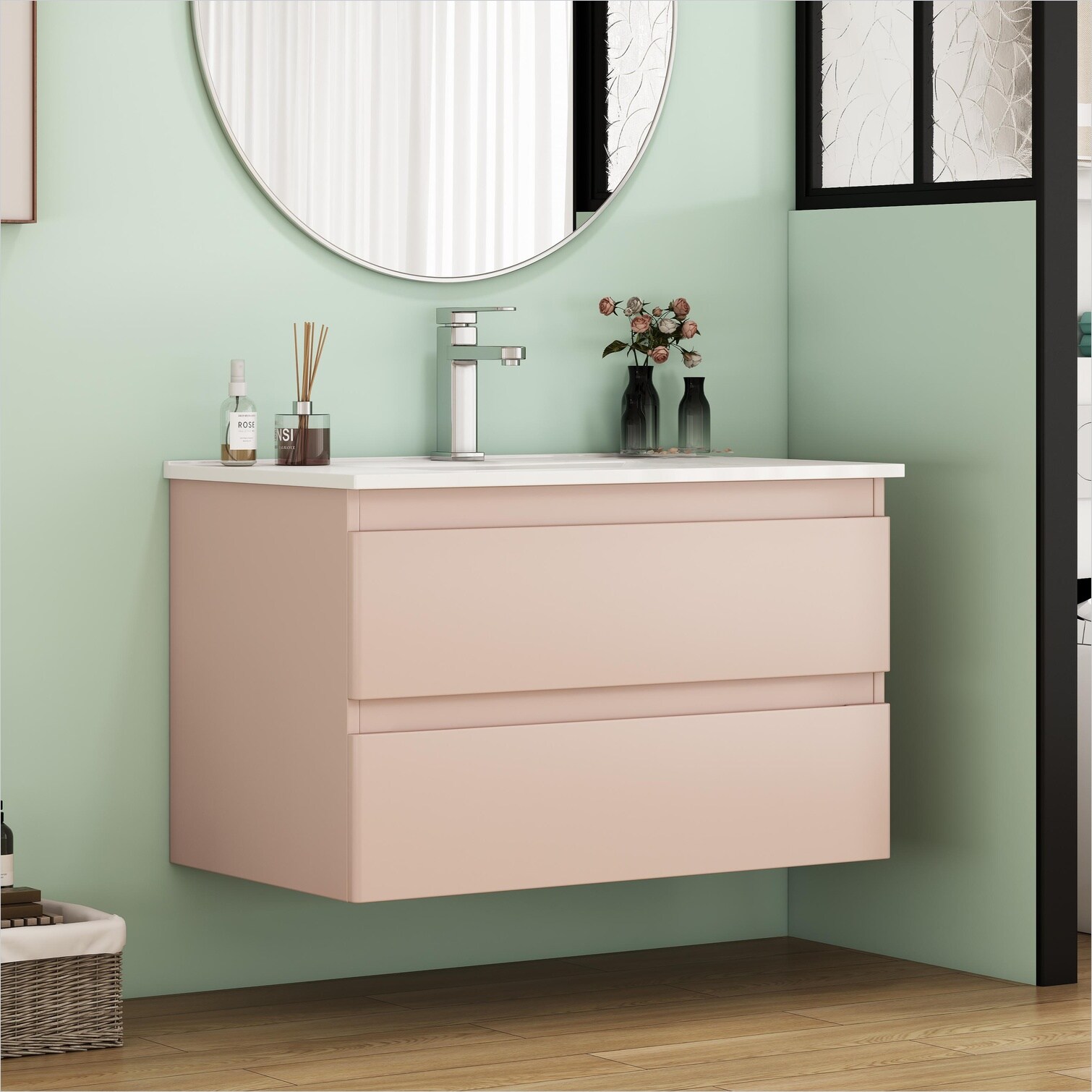 Naturefalls Wall-Mounted Pink Bathroom Vanity with Ceramic Sink 32-Inch ...