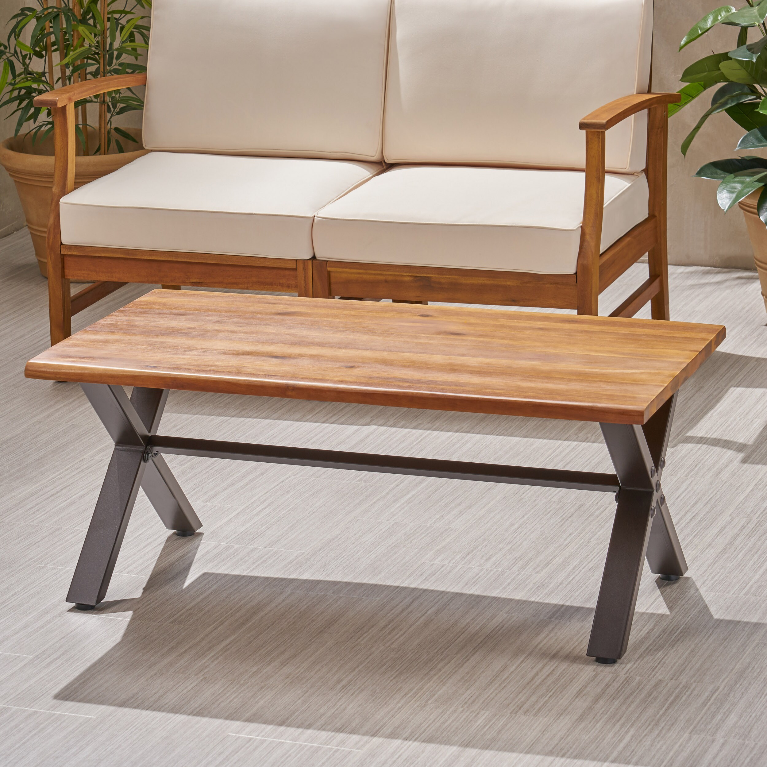 JUSHUA Outdoor Acacia Wood Coffee Table Teak Finish Rustic Metal Black ...