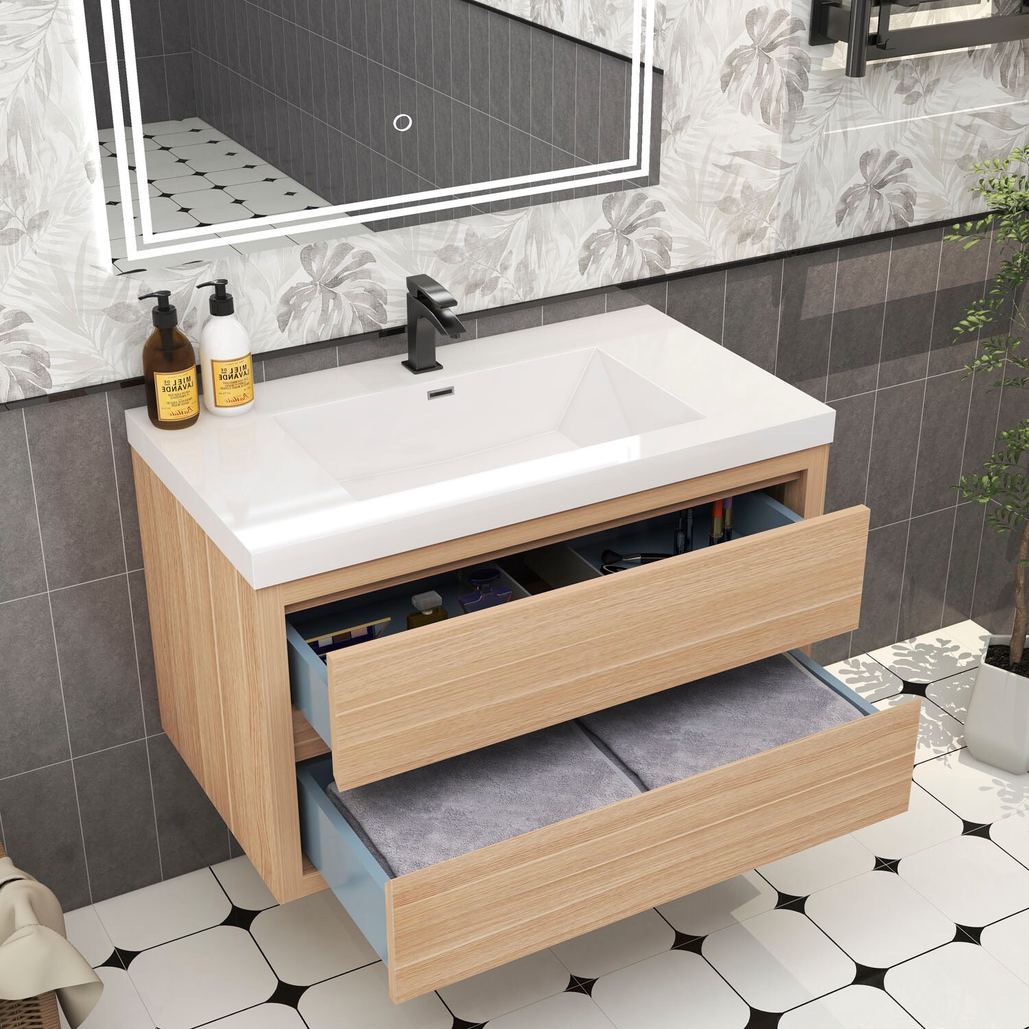 BV Better Vanity Louis 36-in Champagne Oak Single Sink Floating ...