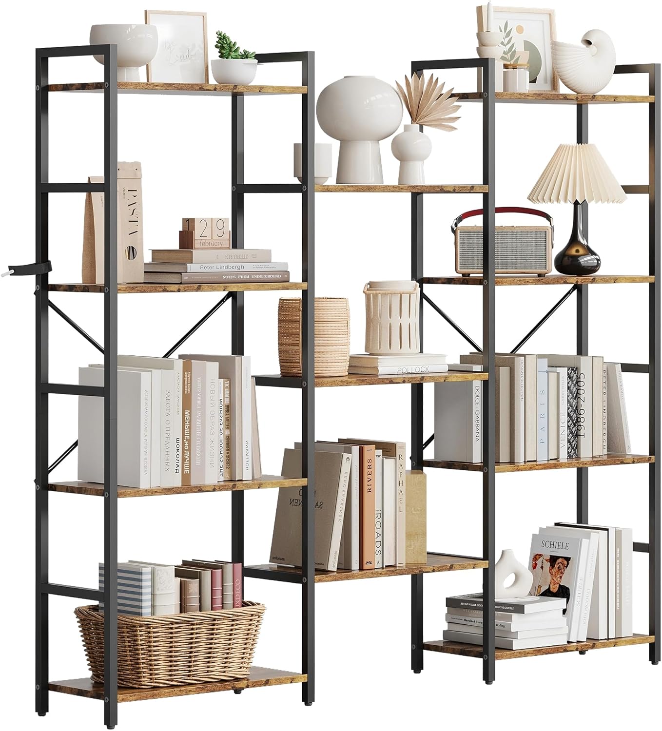 Qeetex 4 Tier Triple Wide Brown Bookshelf Iron Pipe Particle Board with ...