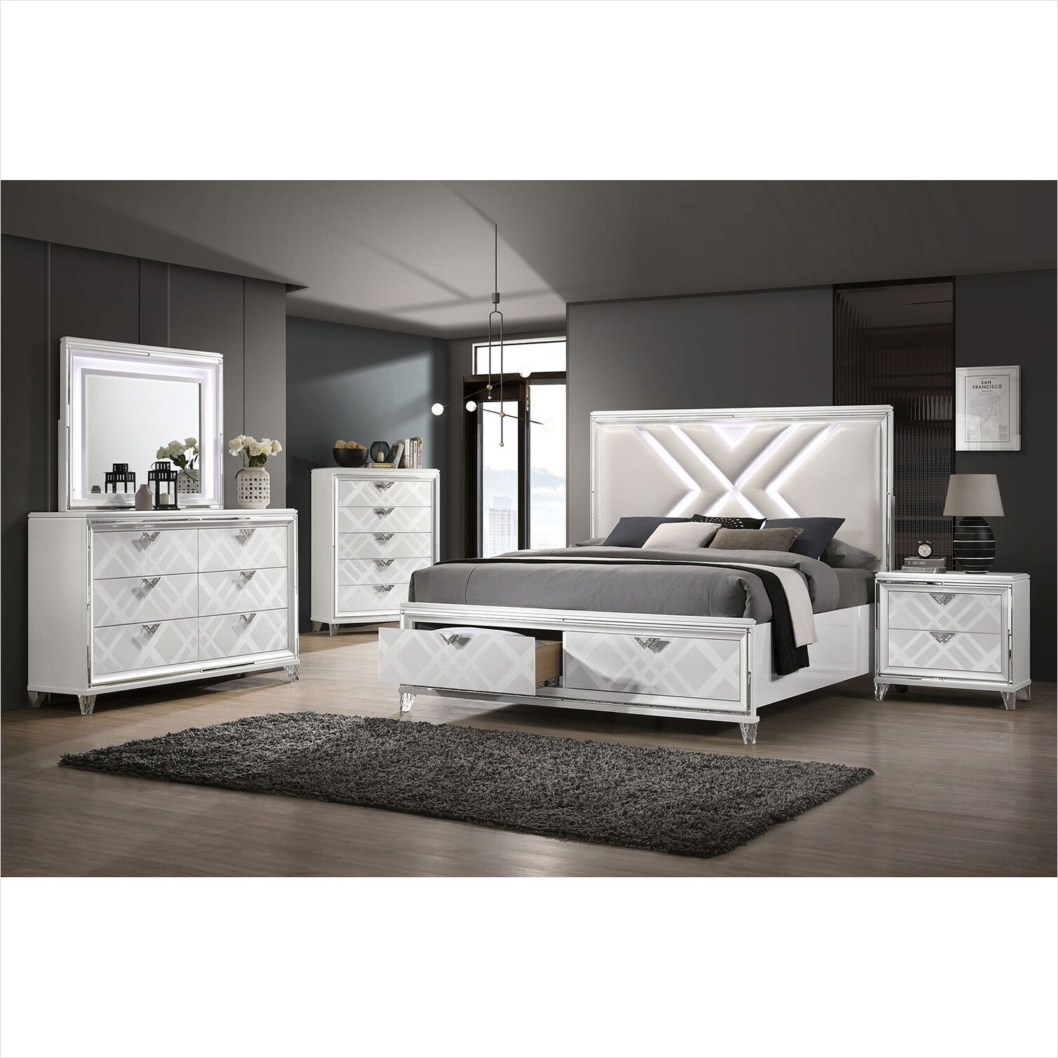 SunJet Art Deco Embossed Chest with Acrylic Legs in White-Toned Finish ...