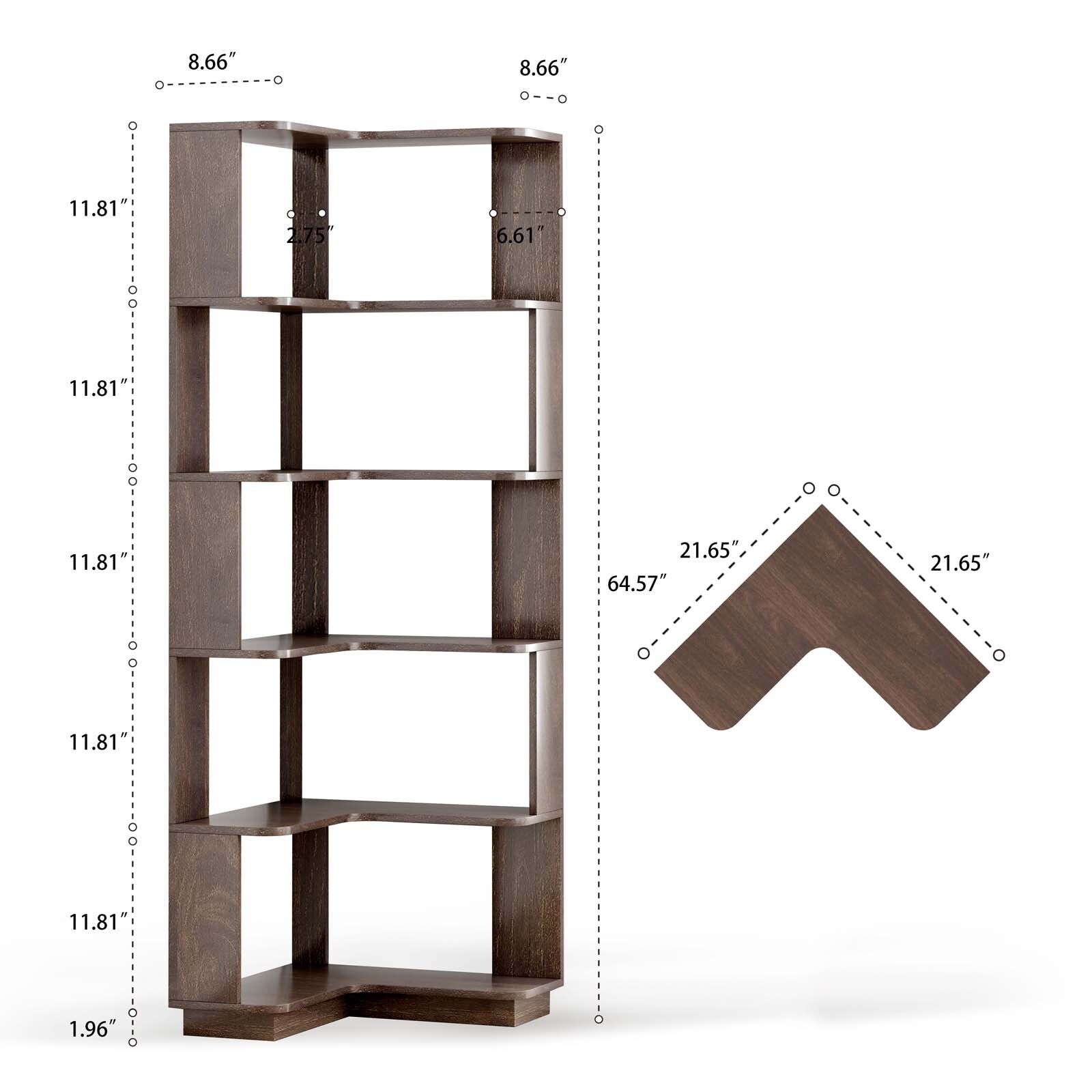 Brown L-Shaped Corner Pantry 6 Tier Bookshelf Wooden Bookcase with Open ...