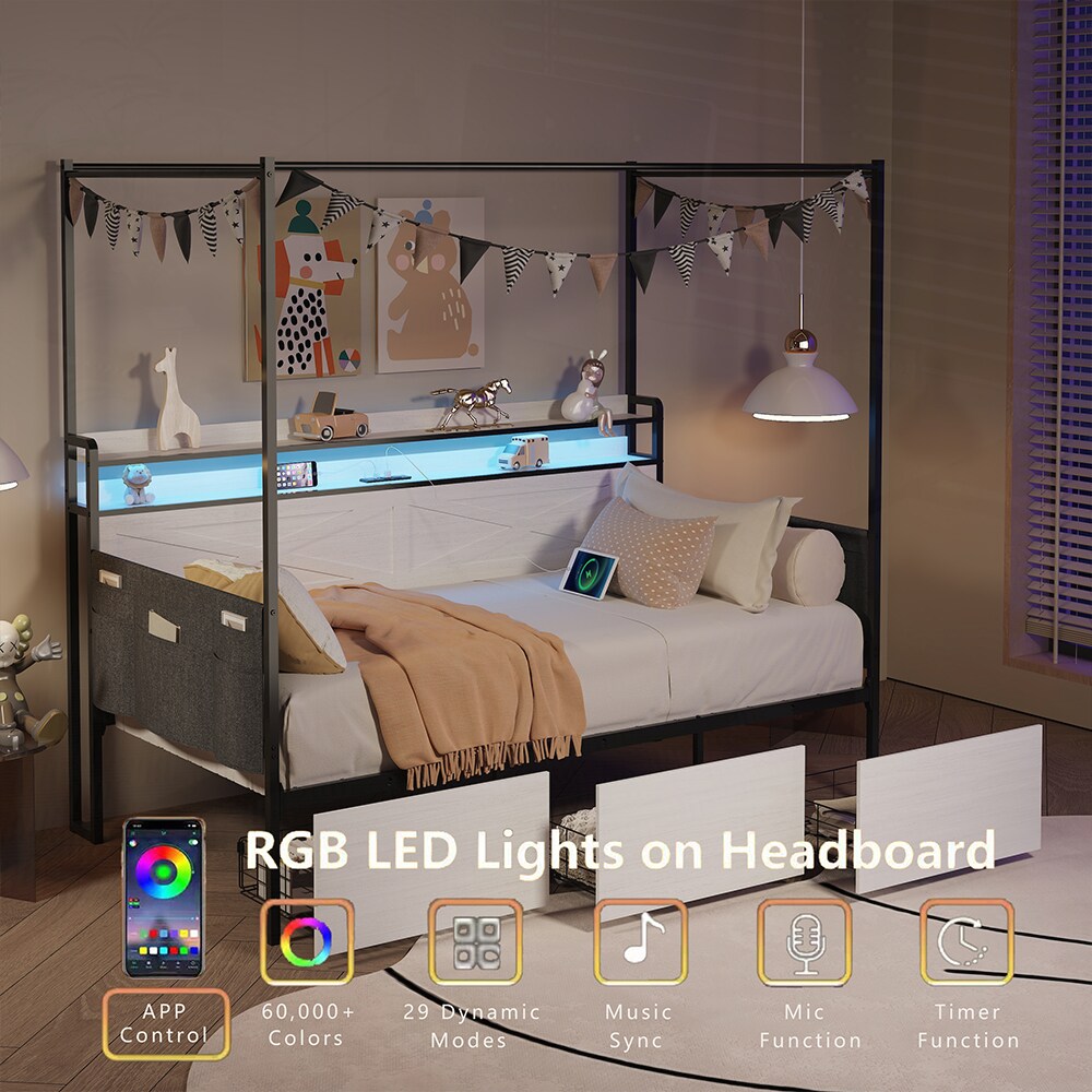 Watnature Modern Twin Bed With Three Underbed Storage Drawers LED ...