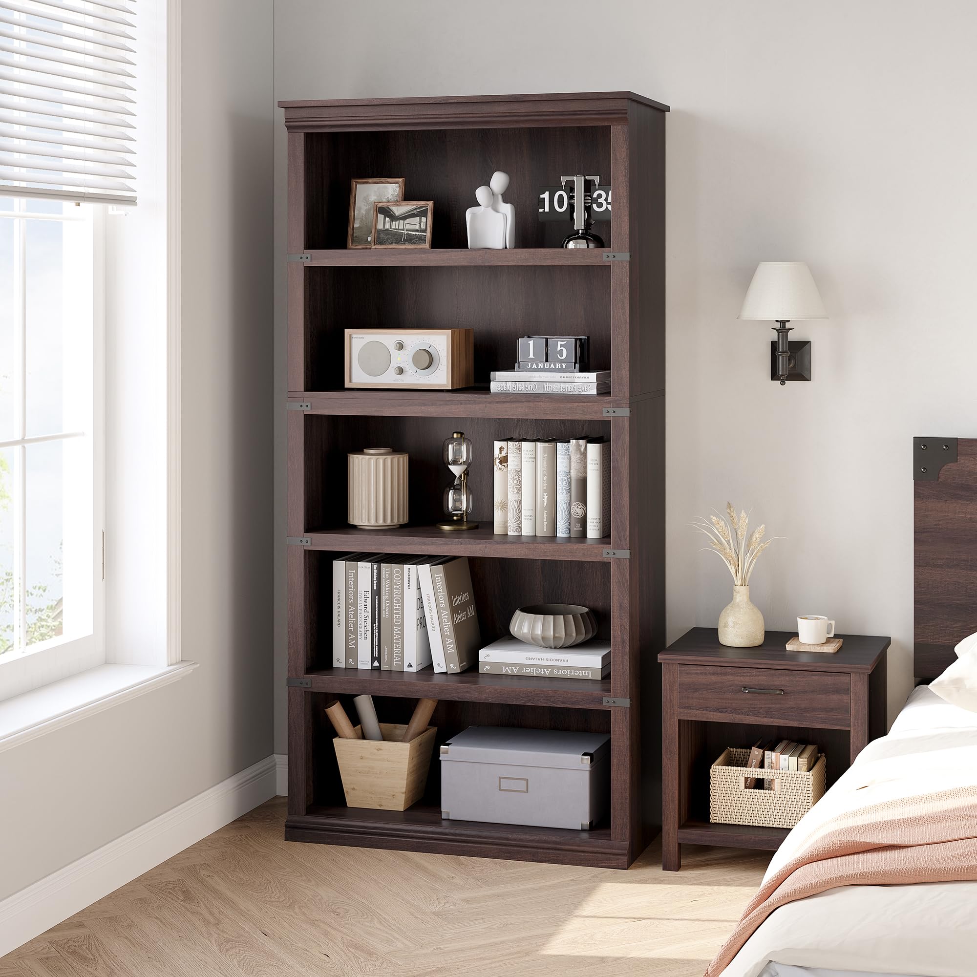 Garvee 5 Tier Bookcase Farmhouse Book Shelf with Storage Open Display ...