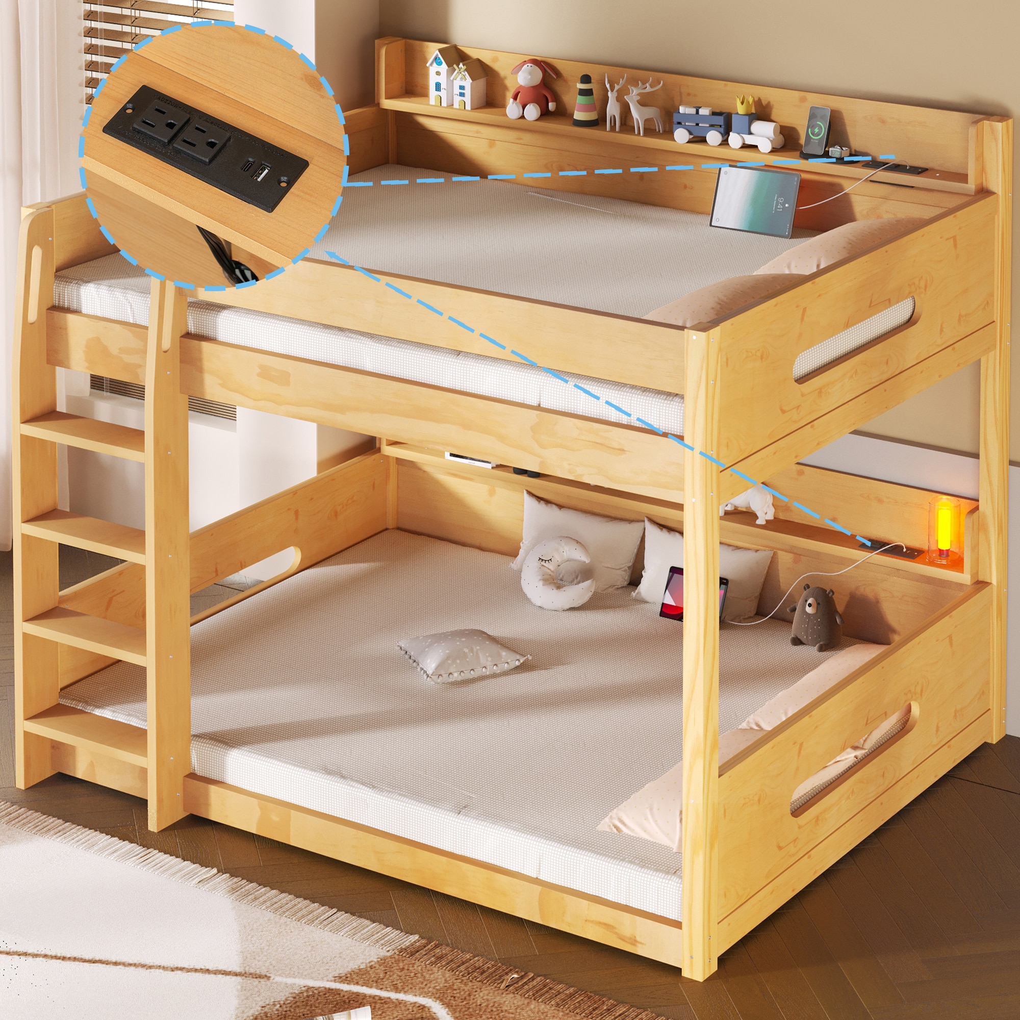 GDFStudio Queen over Queen Bunk Bed with Storage Shelves USB Ports in ...