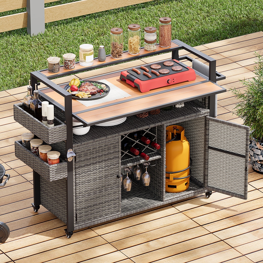 Boyel Living 52.8 Inch Grey Wicker Outdoor Grill Cart with Extended ...