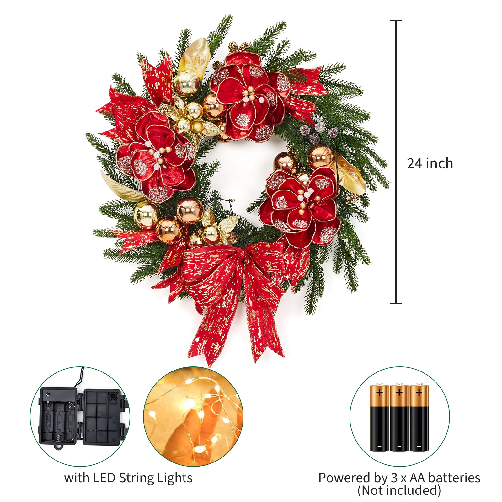 GMC 24 Inch Christmas Wreath Pre-Lit Front Door Wreath with Red Bow and ...