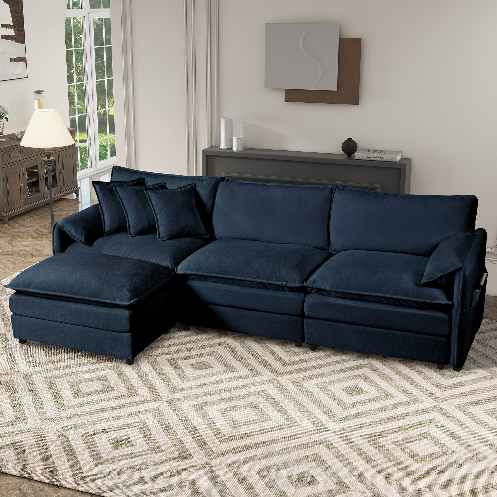 Bybafun 109.45-in W Modern Blue Chenille 4-seater Sofa in the Couches ...
