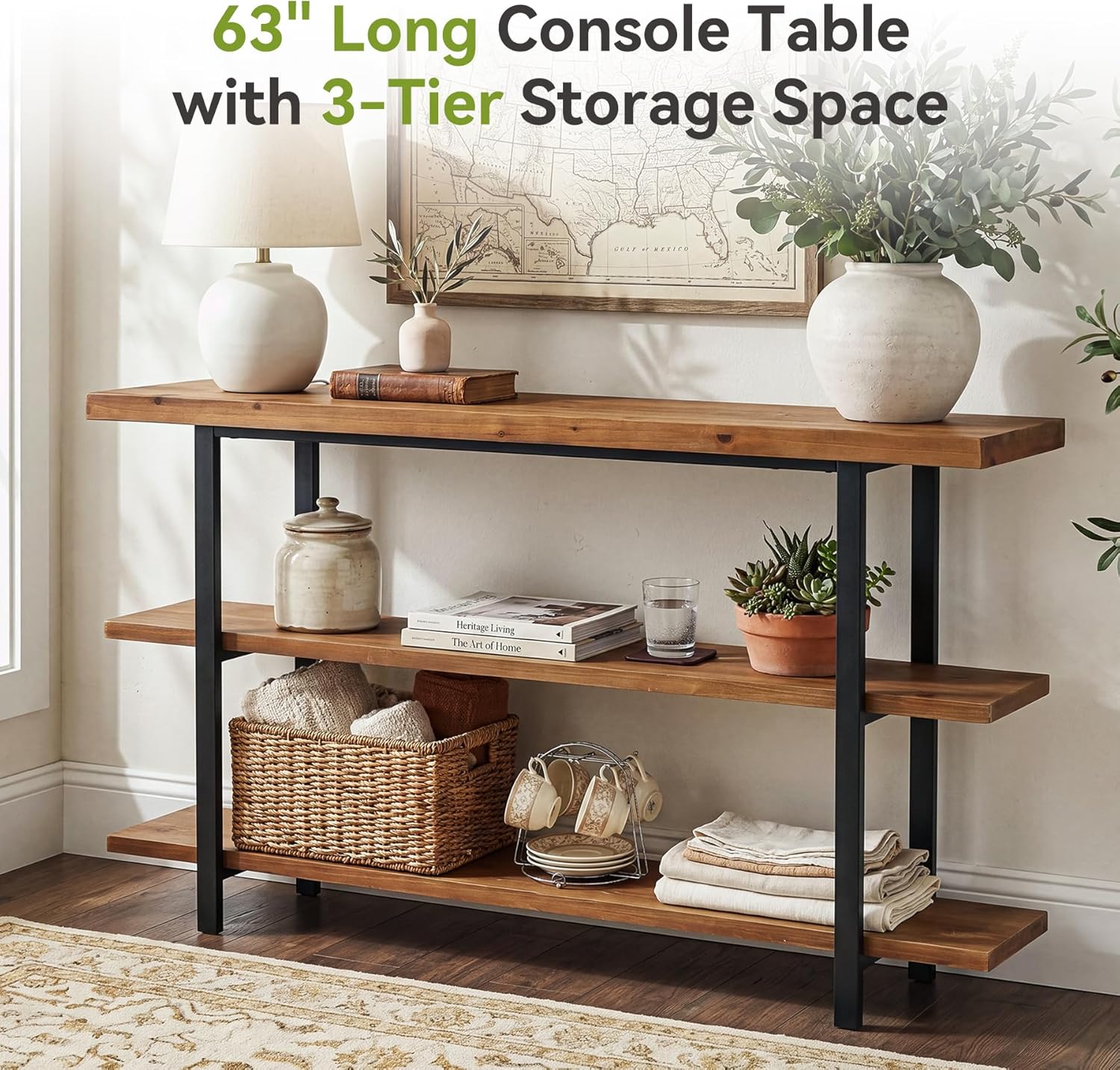 LITTLE TREE 63-Inch Farmhouse Brown Solid Wood 3-Tier Console Table ...