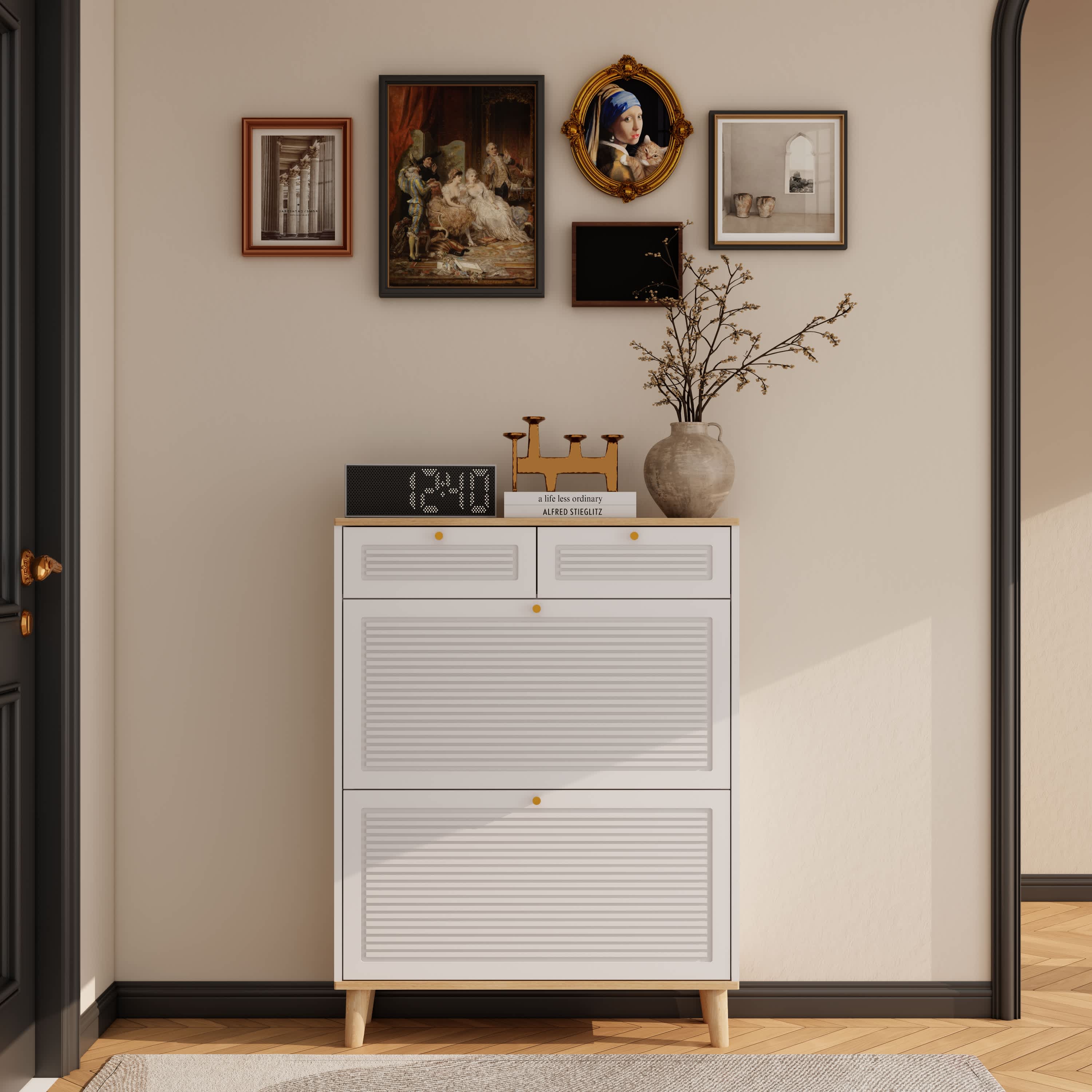 Vynxaria 2 Flip Up Doors 2 Drawers Narrow Shoe Cabinet Freestanding ...