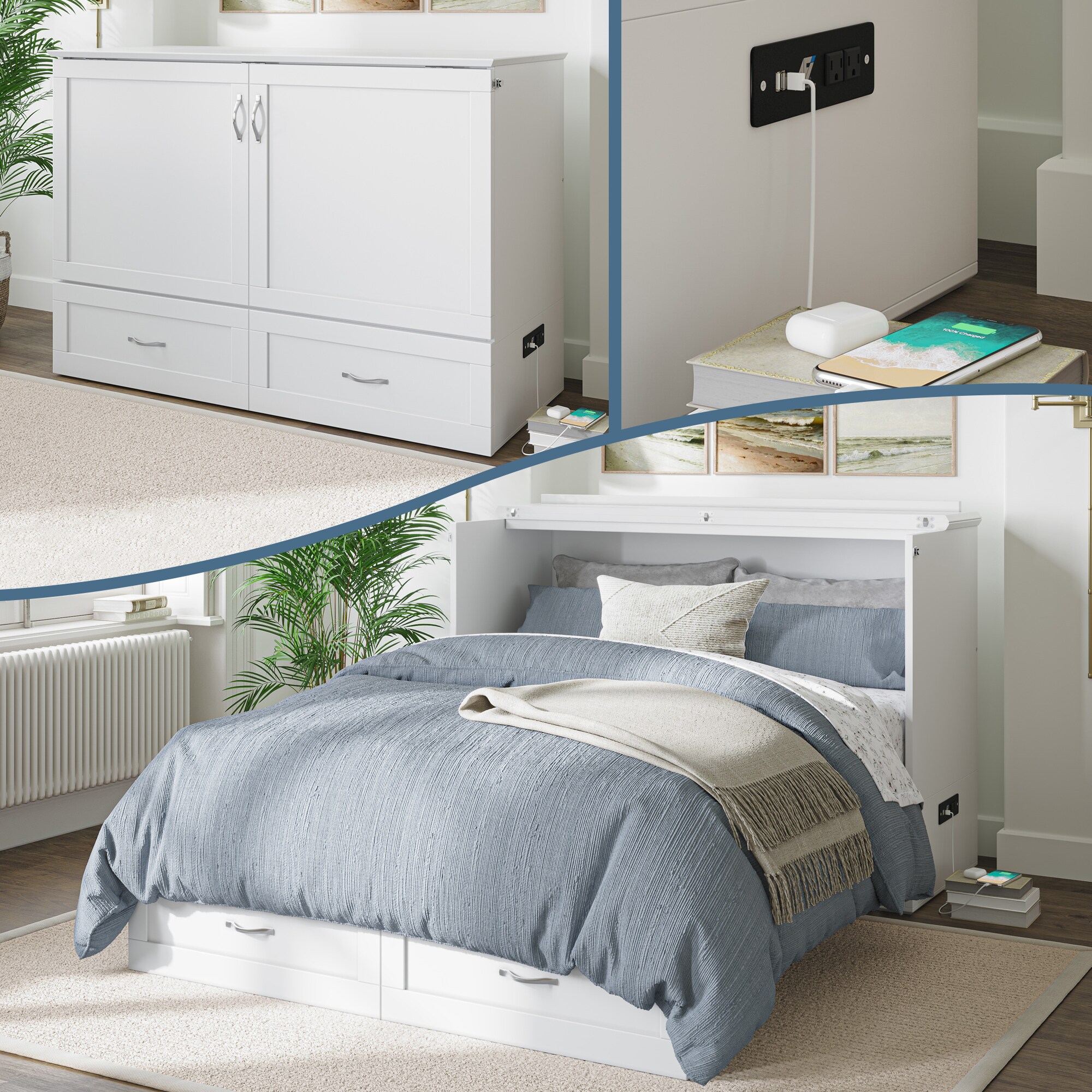 Afi Alara Full Solid Wood Murphy Bed Chest with Drawer and Charger White