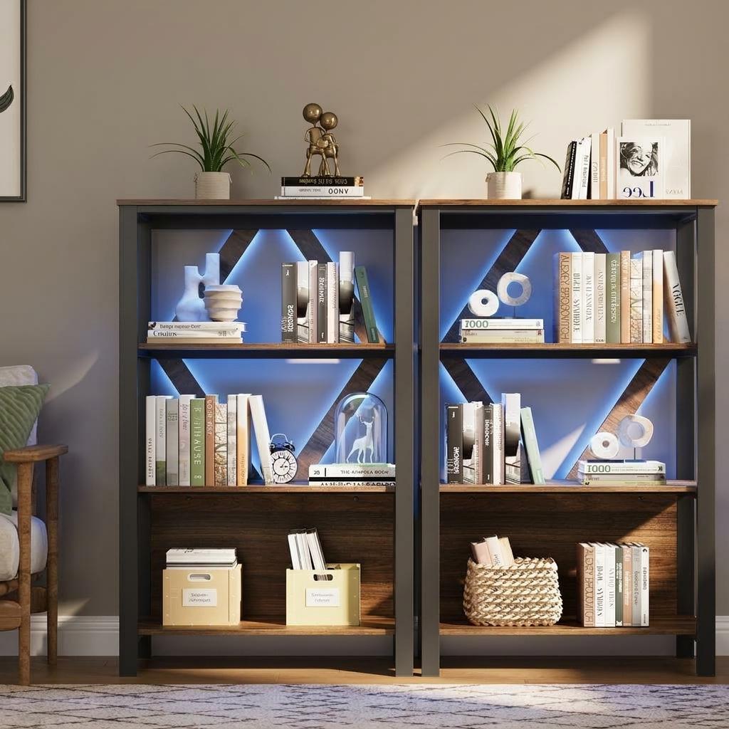 GarveeLife 4 Tier Bookshelf with LED Light Rustic Wood and Metal ...