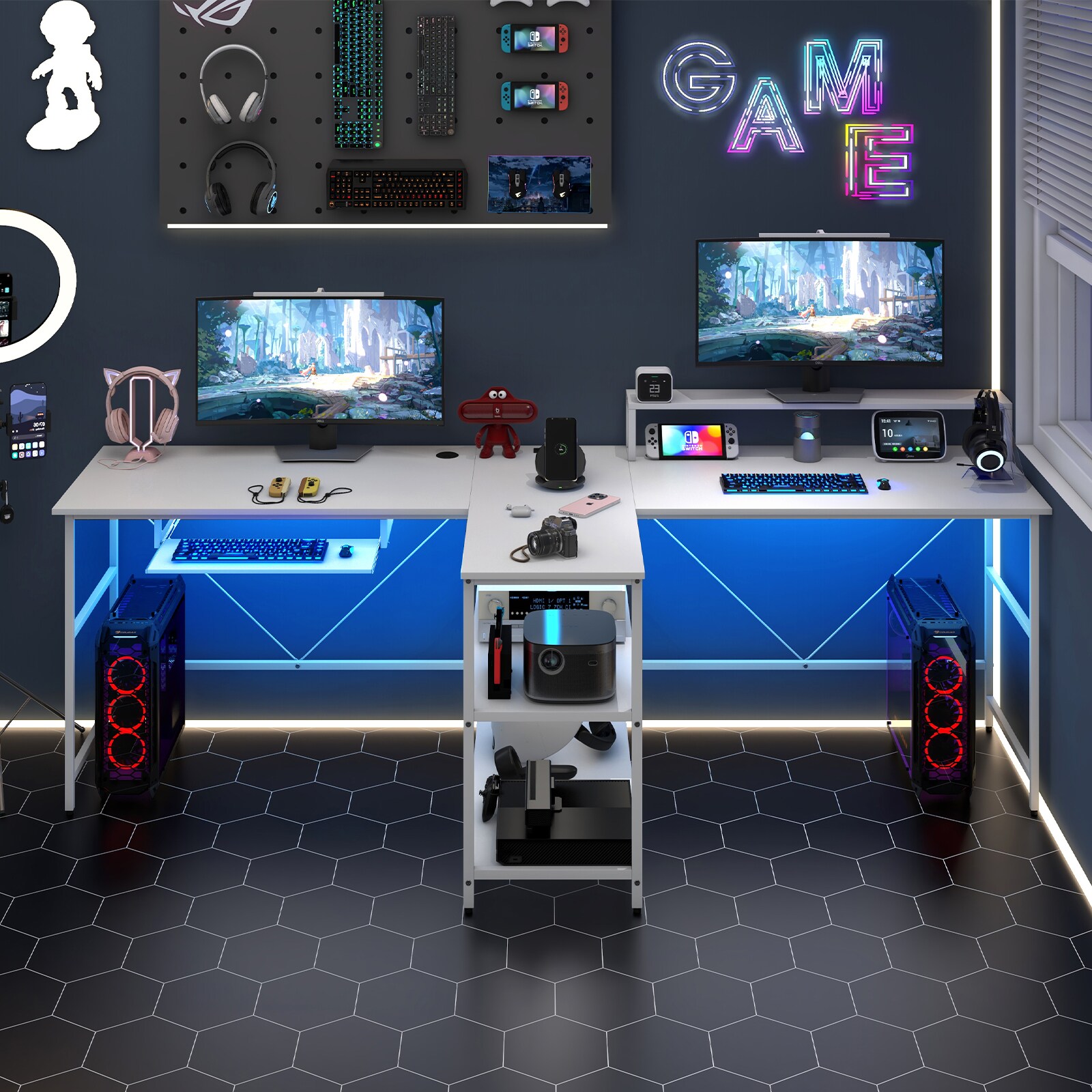 Slickblue Modern 2 Person Reversible Computer Desk with LED Lights USB ...