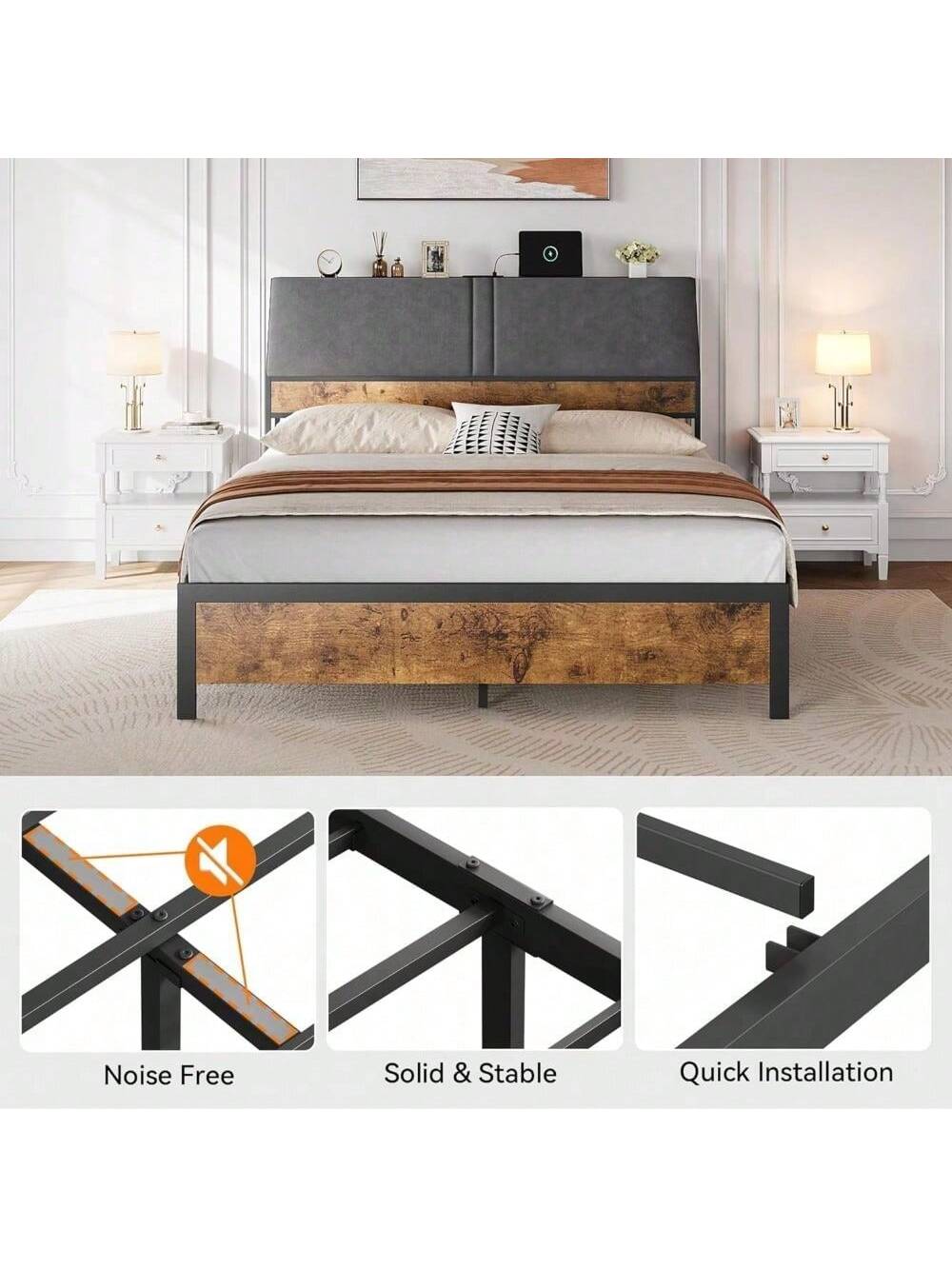 Qeetex Full size bed frame with charging station. bed frame with ...