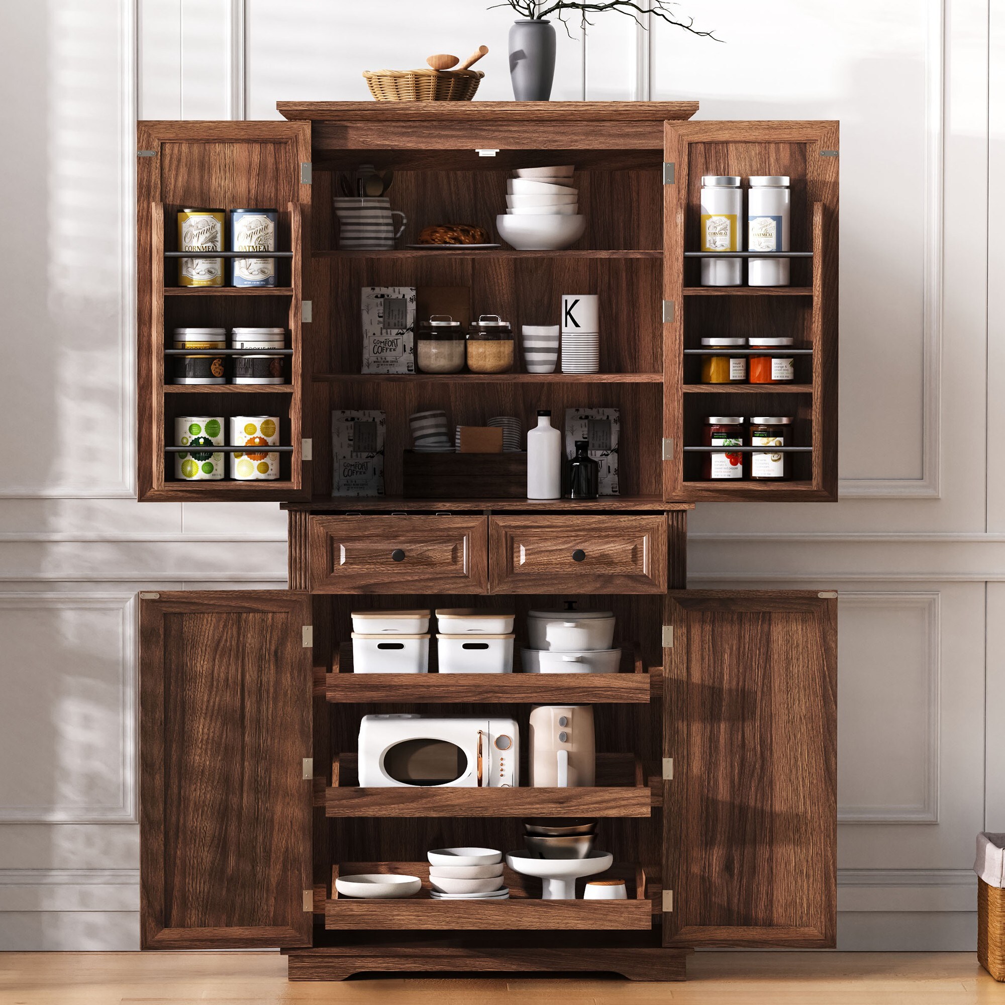 GDFStudio 71 Inch Tall Kitchen Pantry Cabinet with 3 Pull Out Cabinet ...