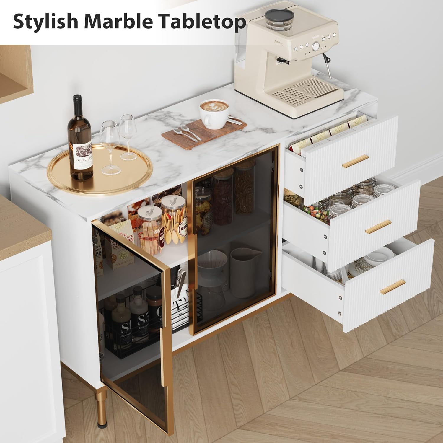 Garvee Fluted Sideboard Buffet Cabinet with Glass Doors and Drawers ...