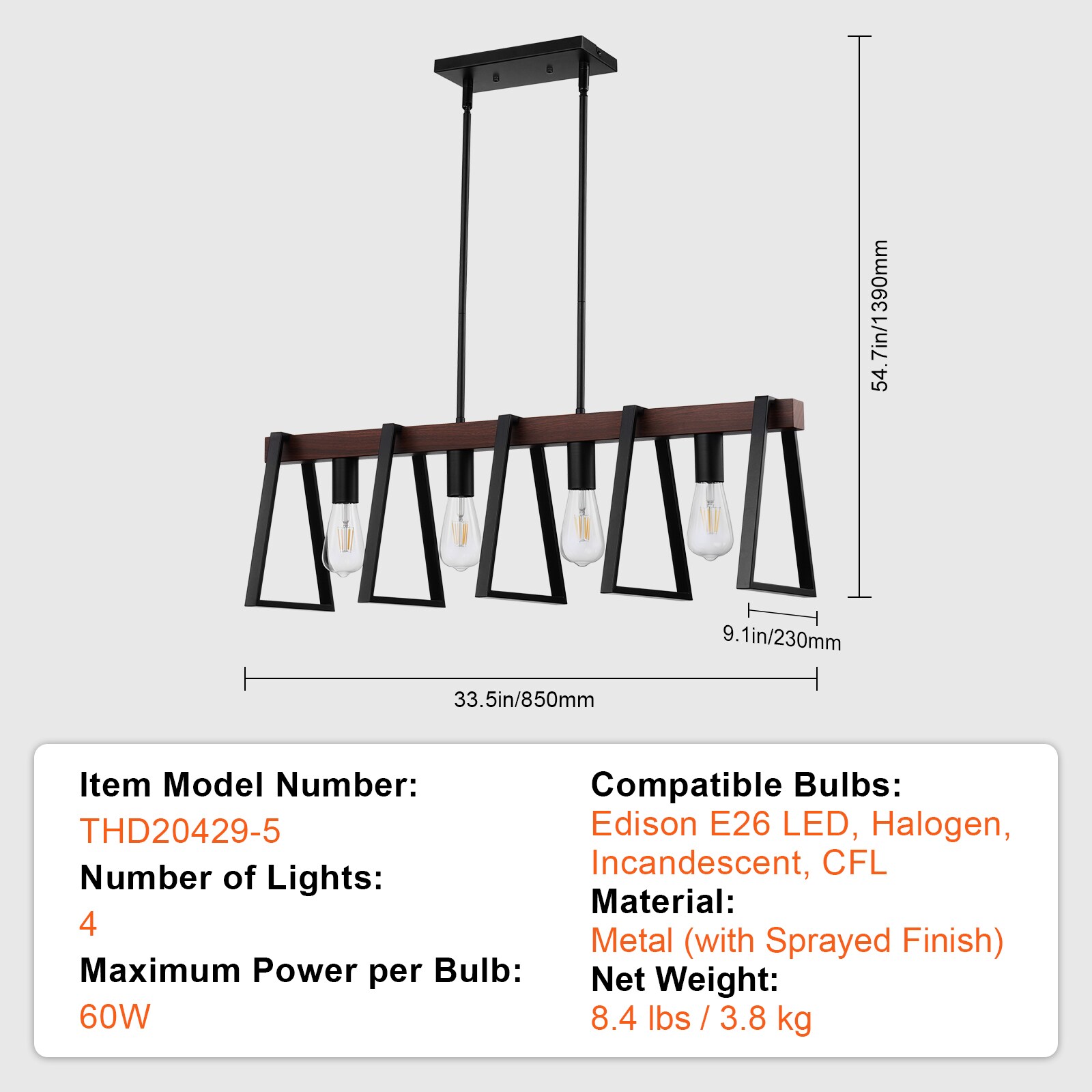JUSHUA 4 Light Adjustable Kitchen Island Pendant Lights 60W E26 for ...