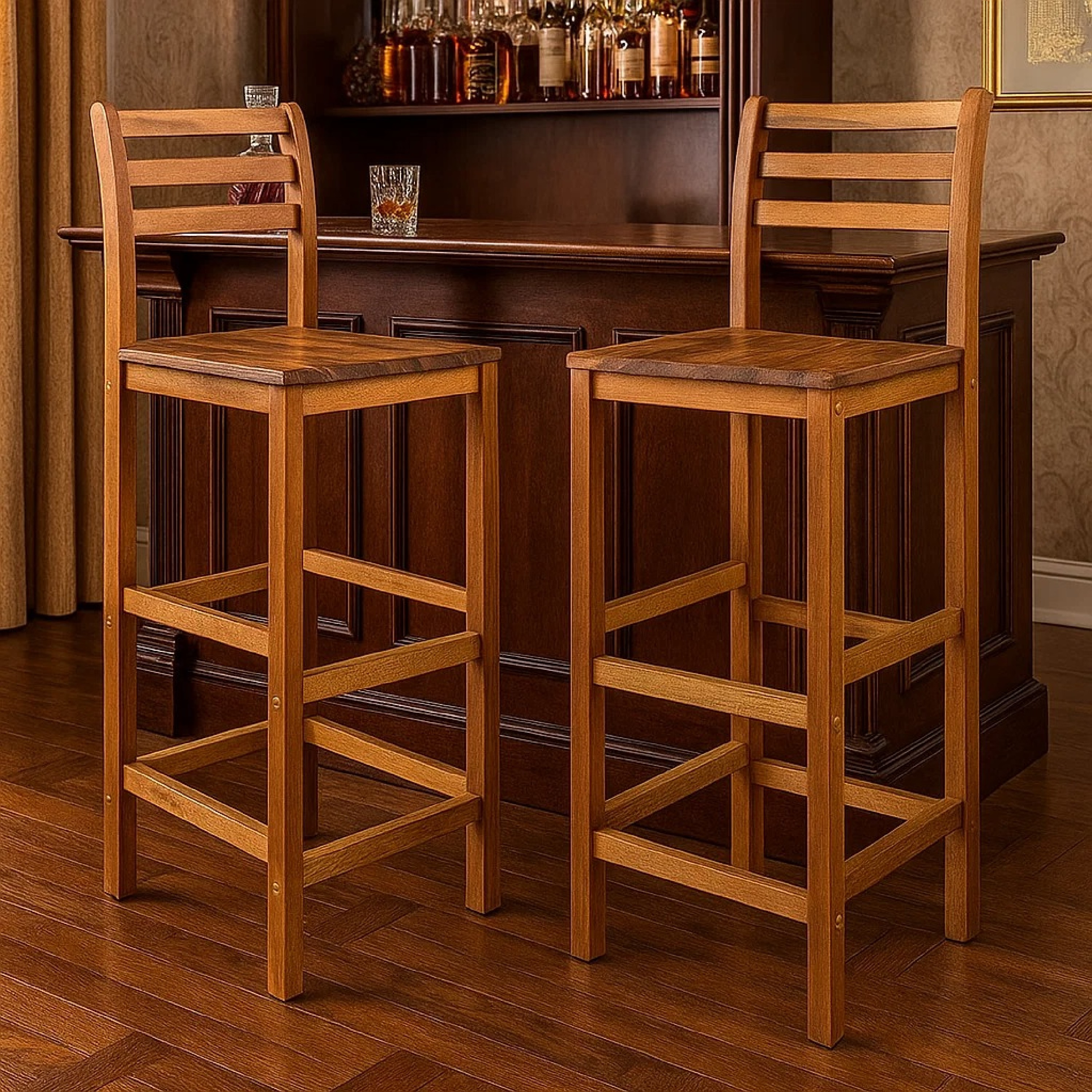 Benzara Ziki Bar Chair Set of 2 Included Footrest Natural Brown Acacia ...