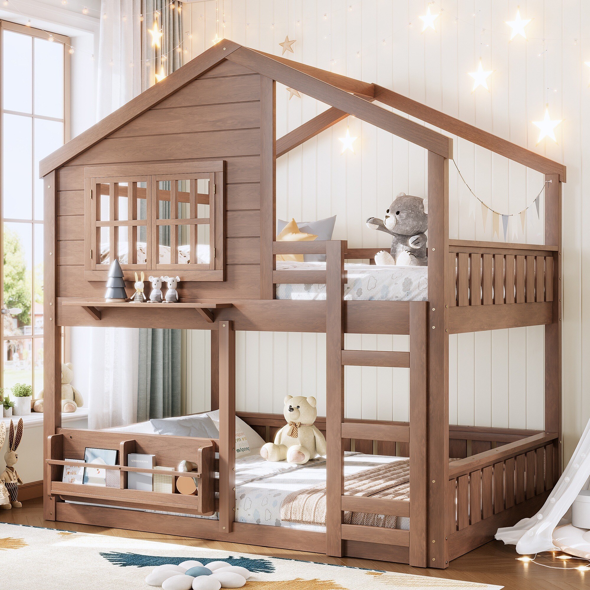 Horizons Prime Full Size Natural Pine Wood House Design Bunk Bed with ...