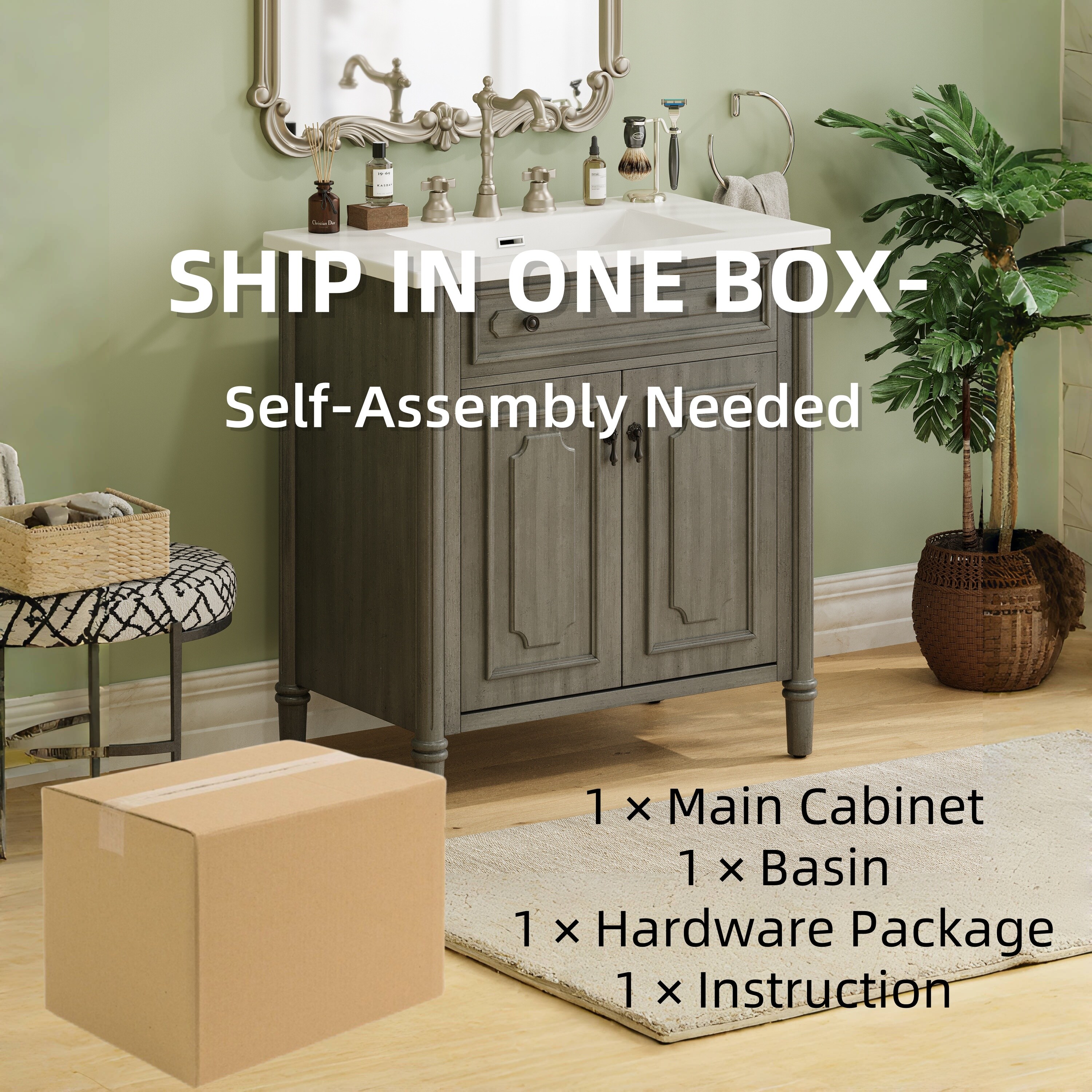 Afhocomp 30 in. Single Sink Freestanding Antique Gray Bath Vanity with ...