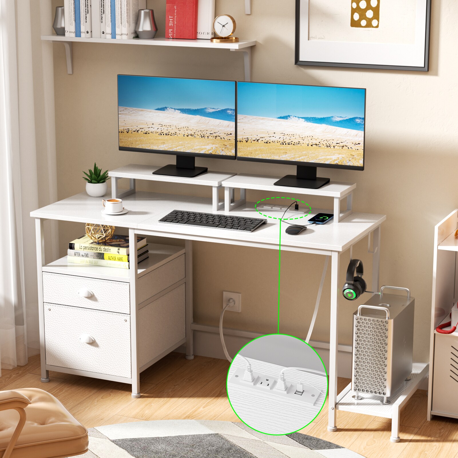 Furologee 47 Inch Computer Desk with File Cabinet and Power Outlets ...