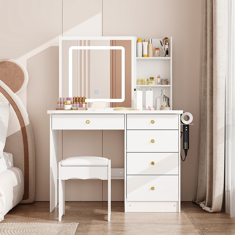 Vanity Desk Set Makeup Table with Large Sliding Lighted Mirror Power ...