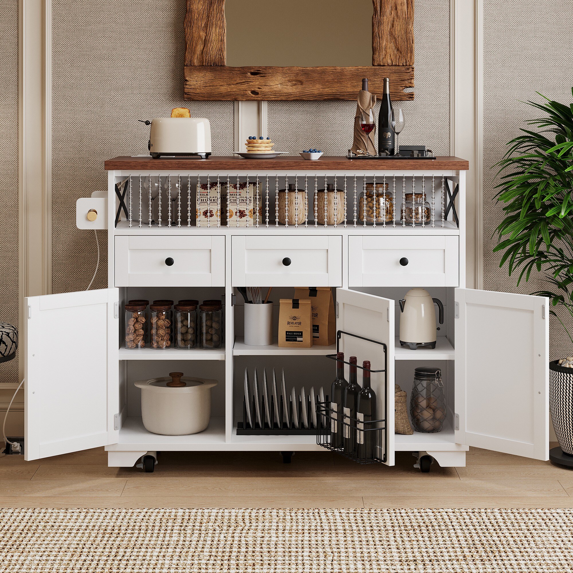 Boho Havens Kitchen Island Cart with Power Outlet Drop Leaf 3 Drawers 3 ...