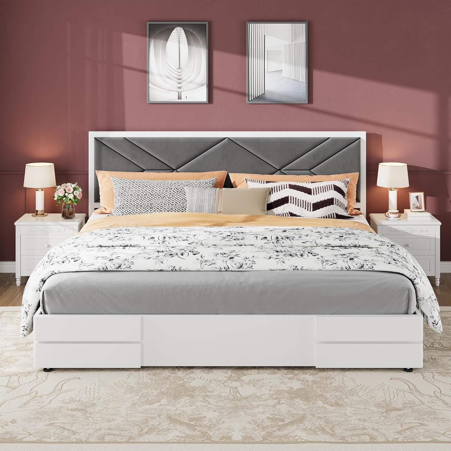 Garvee King Size Upholstered Bed Frame- Wooden Bed Frame with Fabric ...
