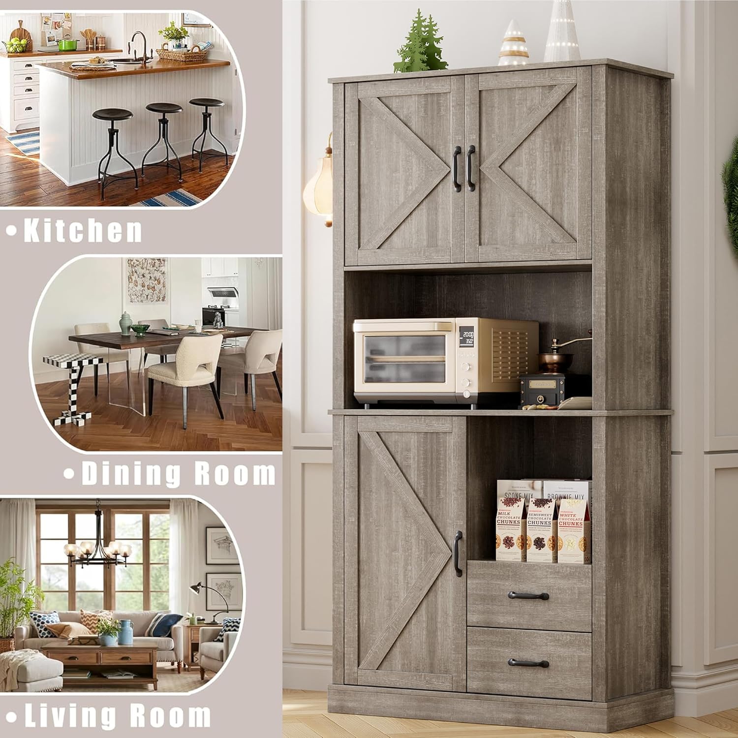 Garvee Modern White Kitchen Pantry Cabinet with Barn Doors Two Drawers ...