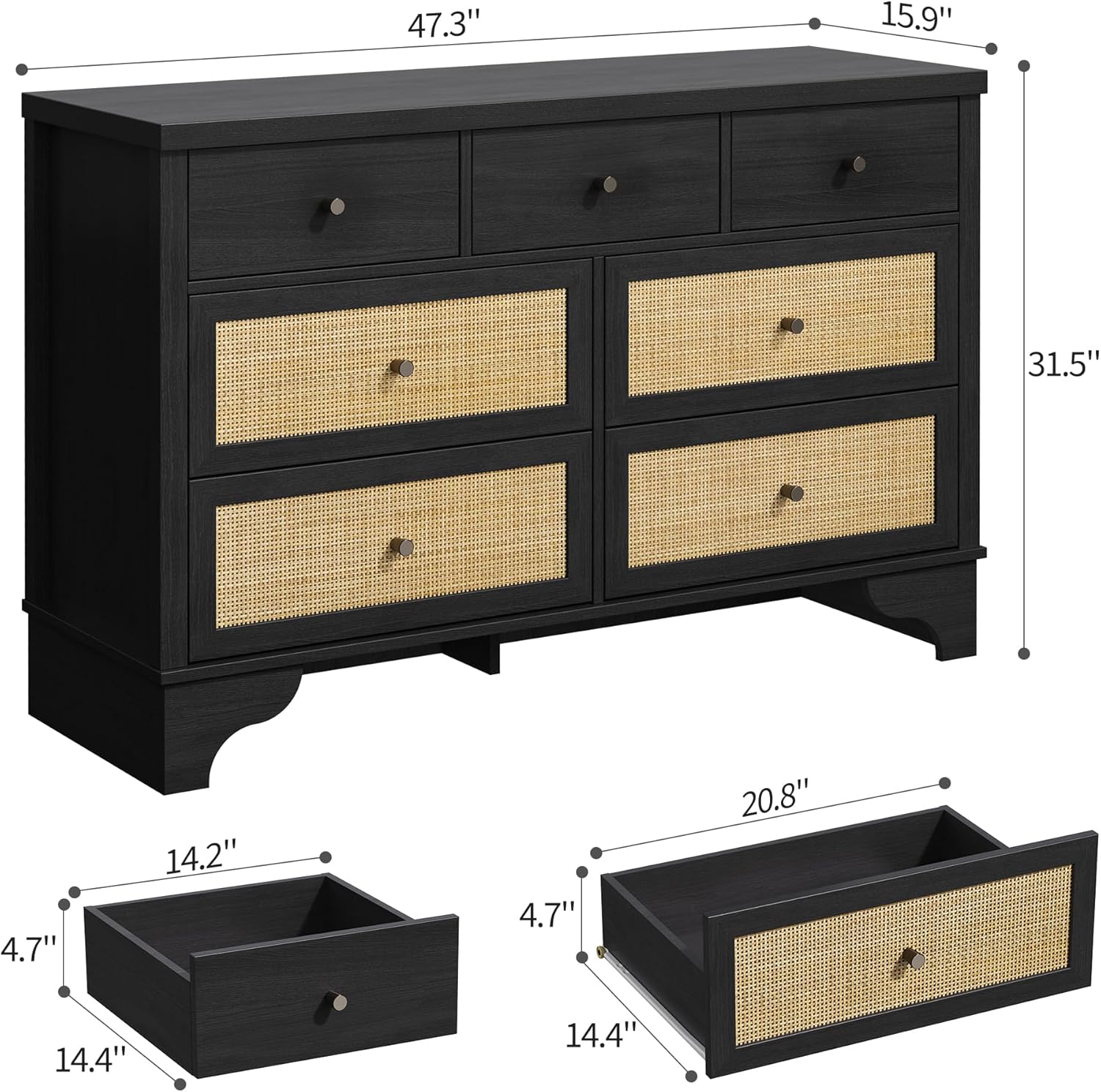 Garvee 7 Drawer Dresser for Bedroom Rattan Chest of Drawers Wood Boho ...