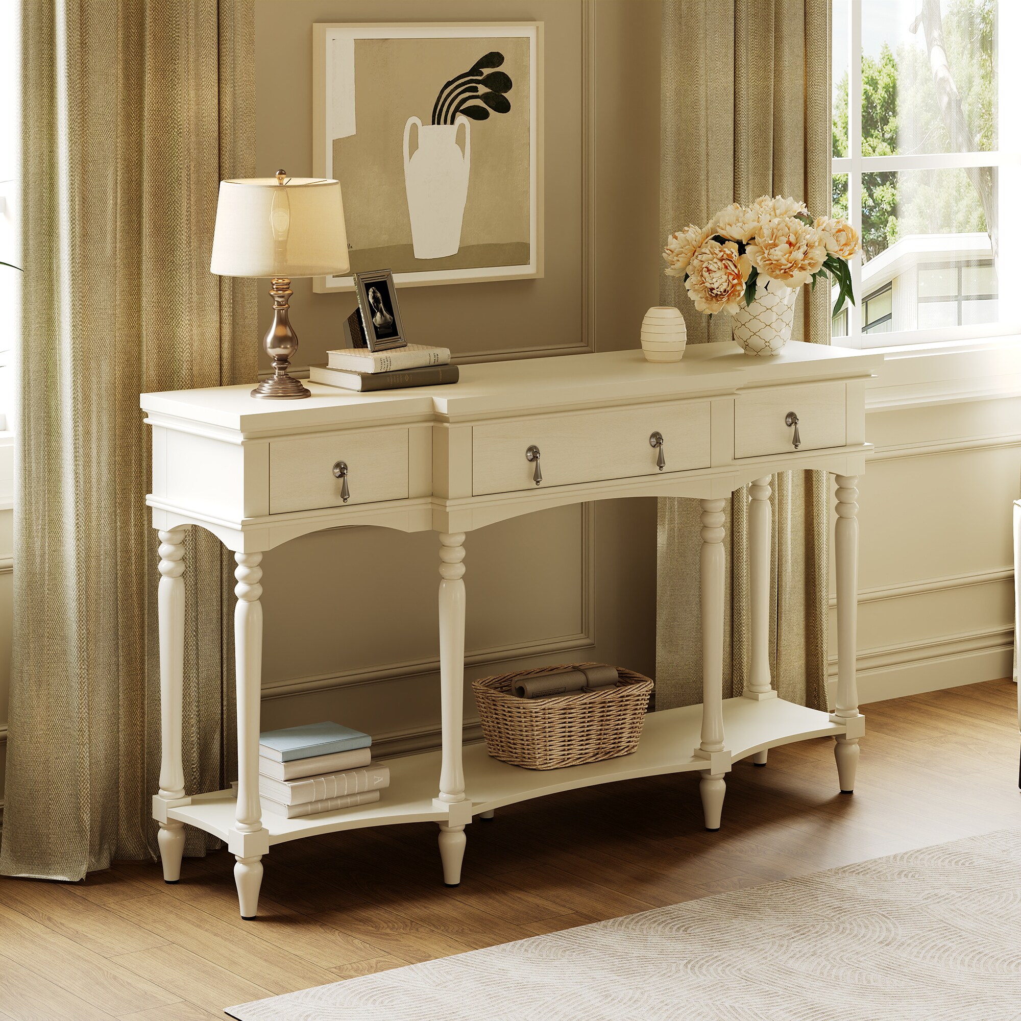 Huluwat Traditional Retro Console Table with 3 Soft-Close Drawers ...