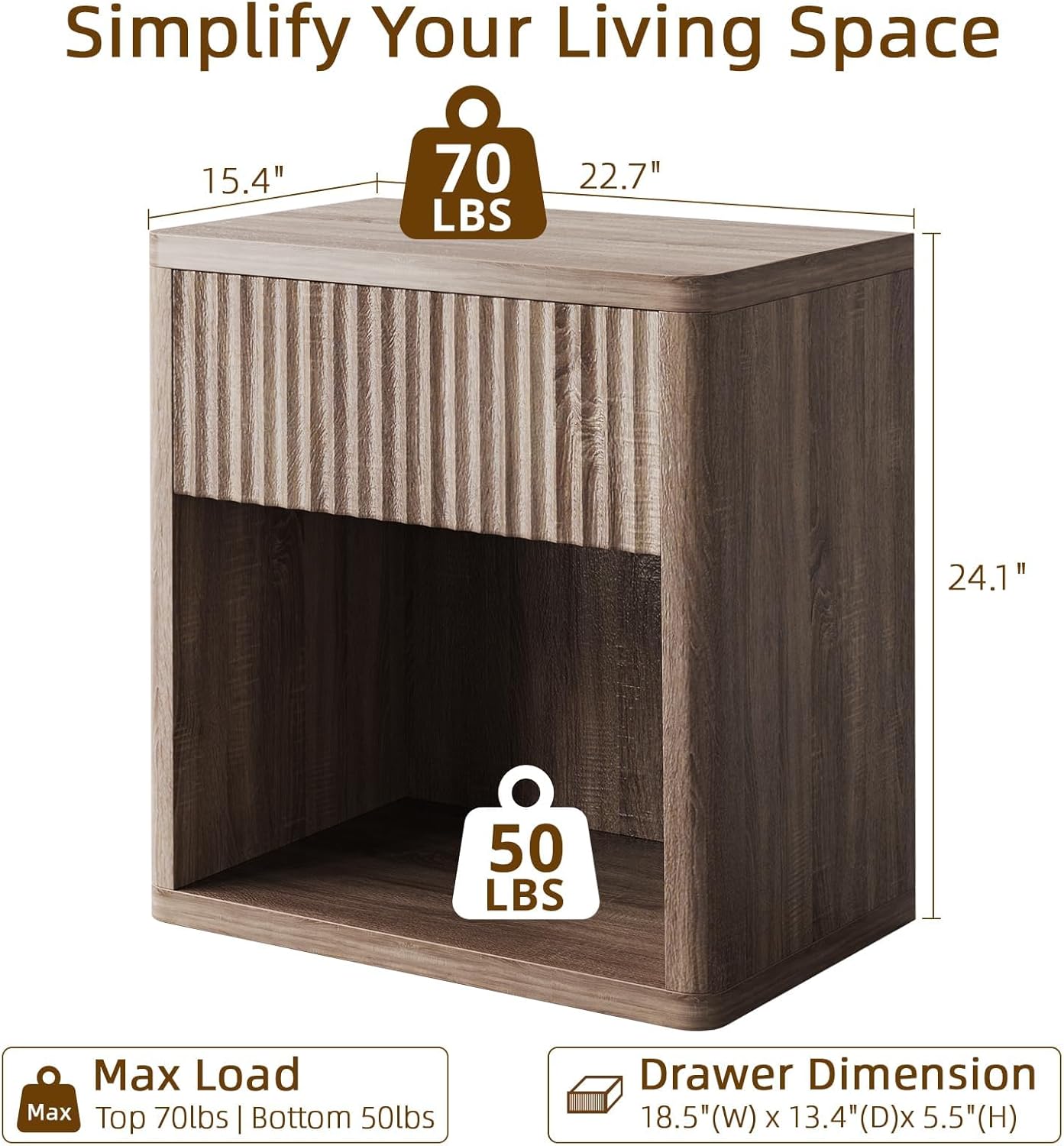 Qeetex GarveeHome Night Stand Set of 2 with Fluted Drawer Storage End ...