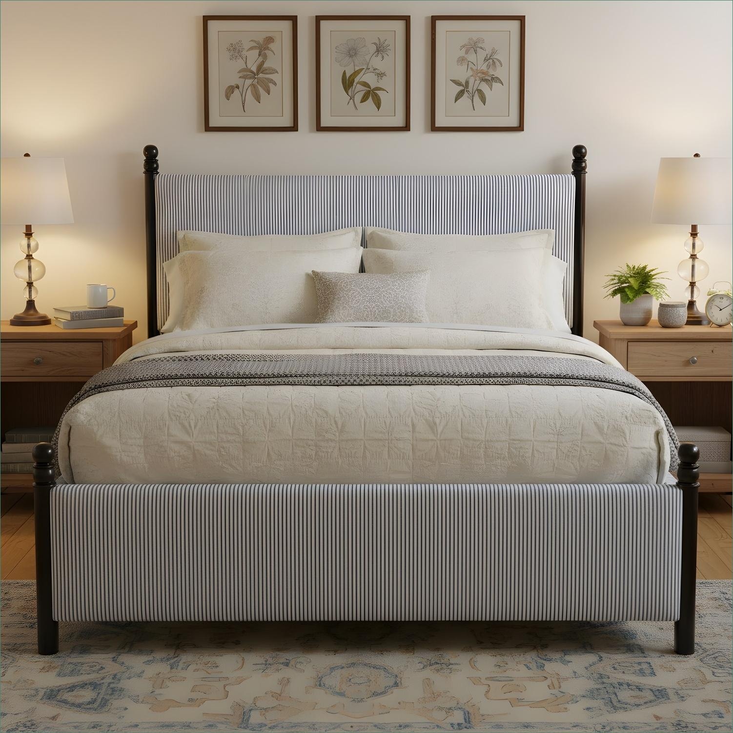 Watnature High-Profile Upholstered King Bed Striped Fabric Solid ...