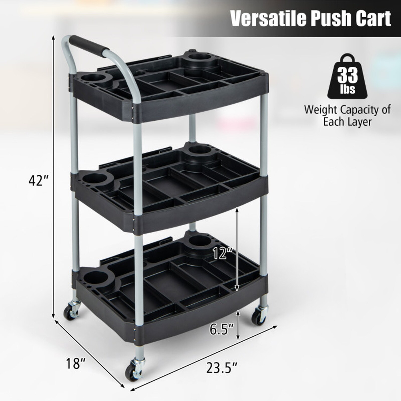 SUGIFT 3-Tier Rolling Utility Cart 42-in Mobile Tool Cart with 99-lb ...