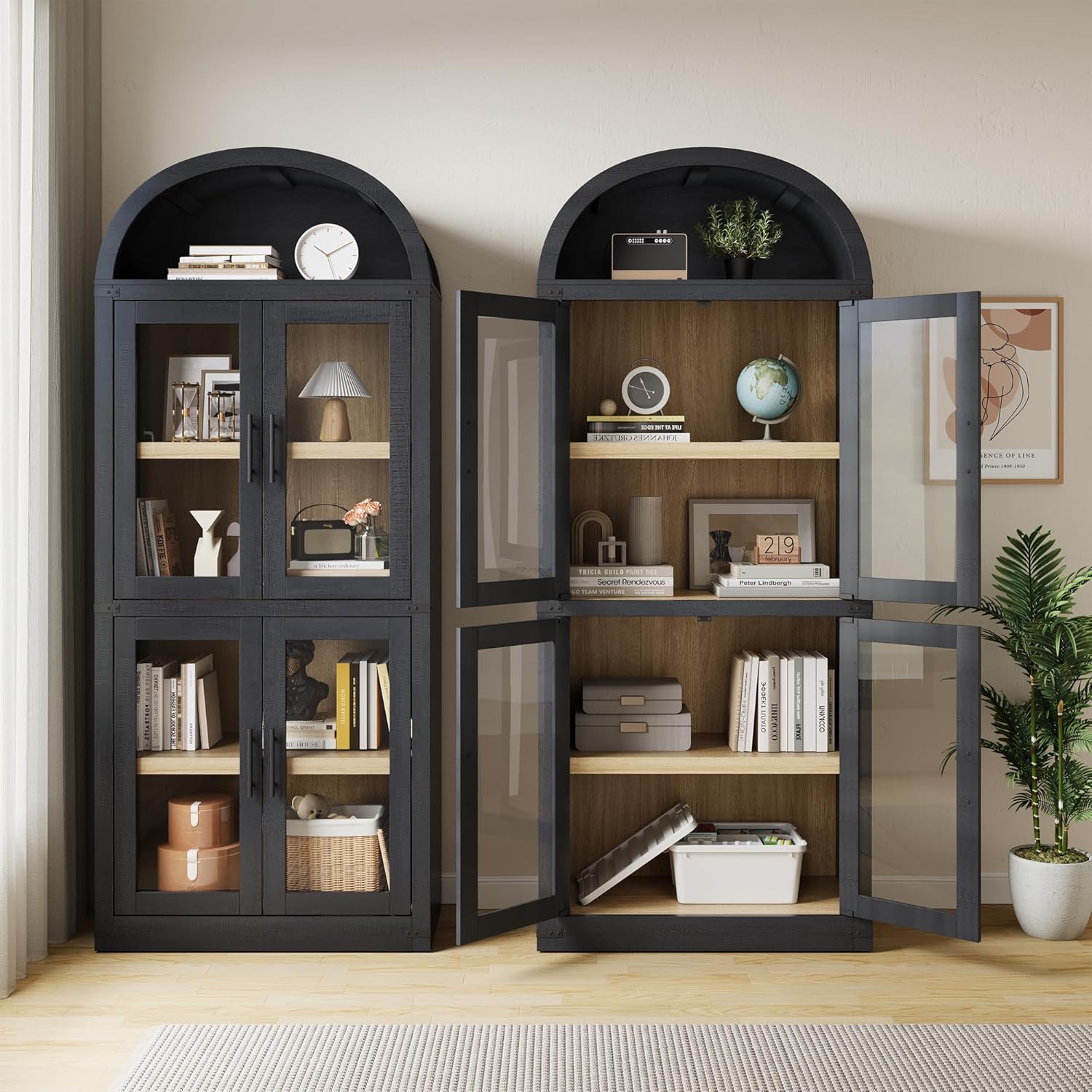 Garvee 71 Inch Tall Black Arched Farmhouse Bookcase/ Glass Doors and ...