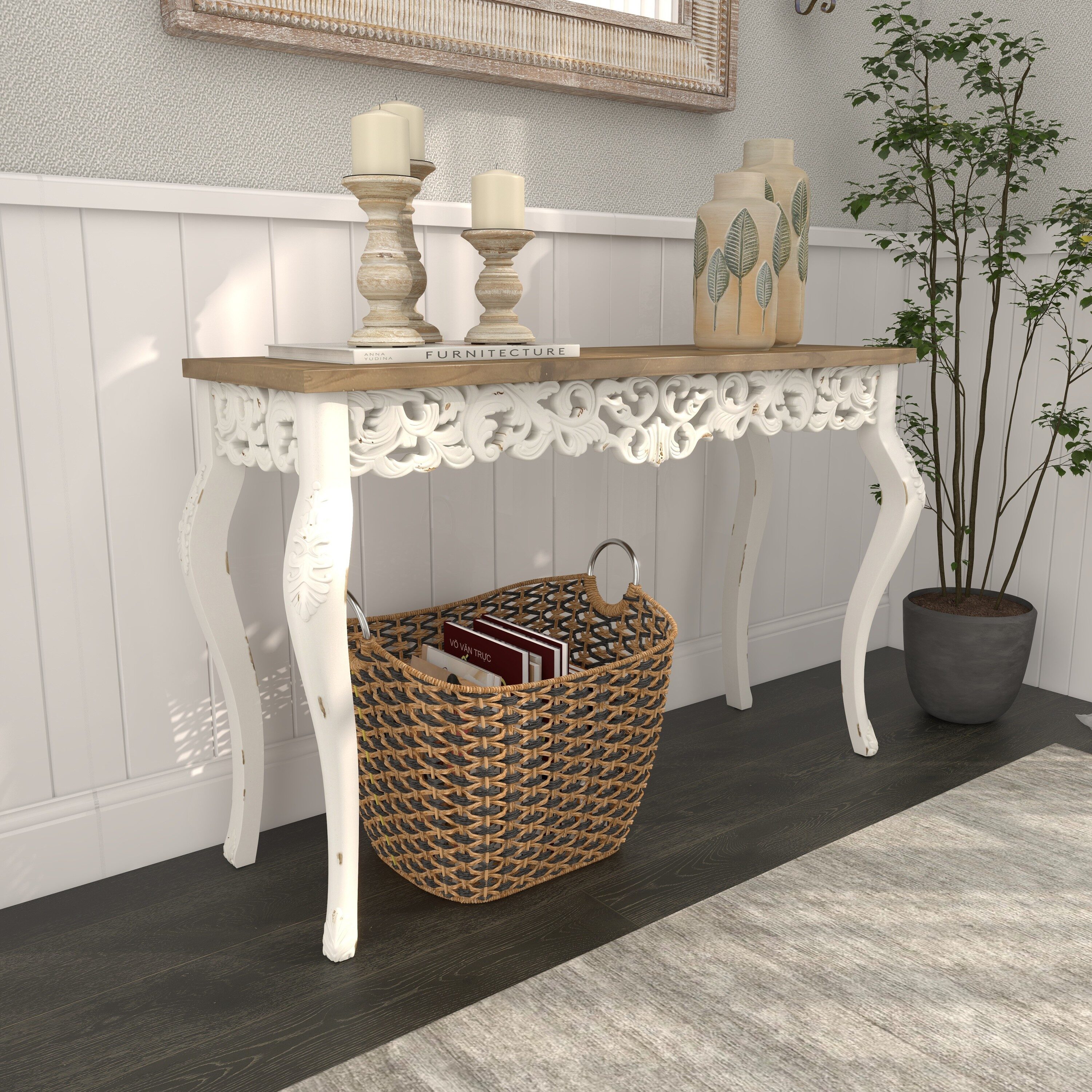 Grayson Lane Farmhouse 46 White Intricately Carved with Brown Wood Top Console table in the Console Tables department at Lowes
