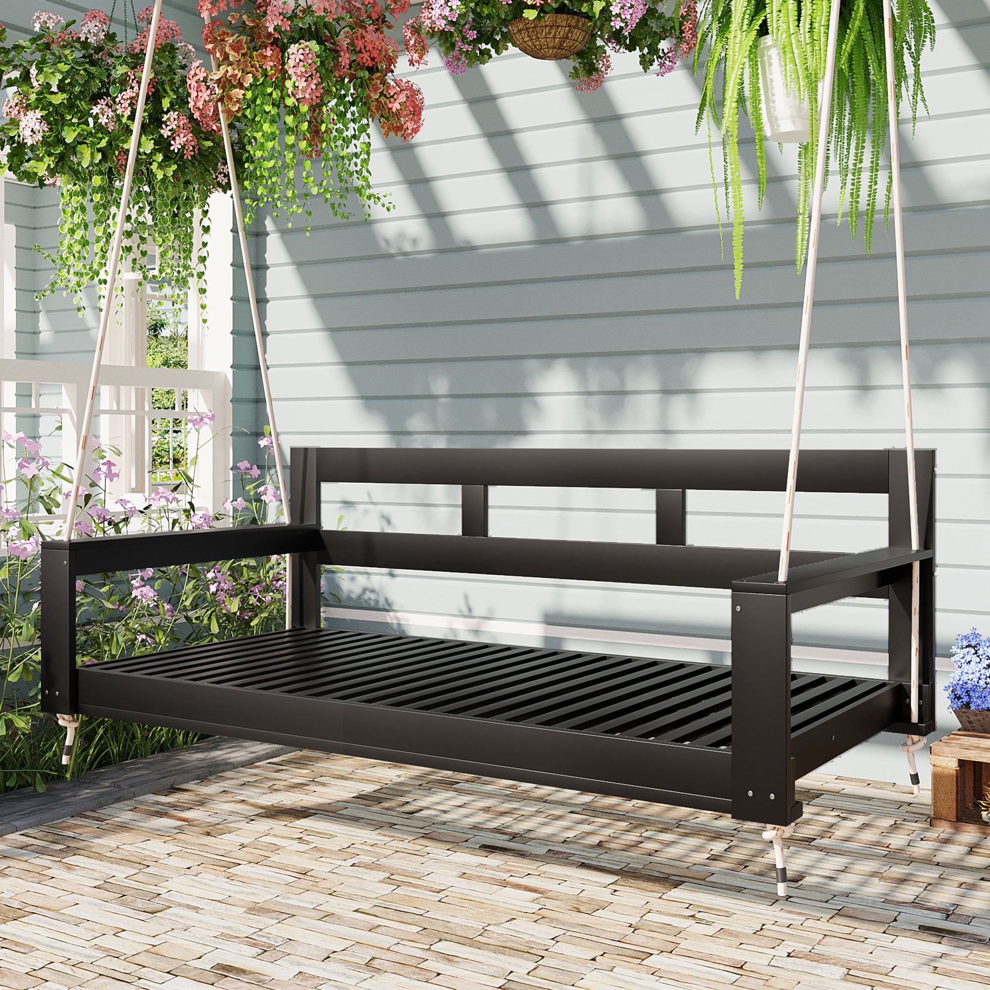 Huluwat Patio Wooden Twin Size Porch Swing Daybed Frame Garden Swing ...