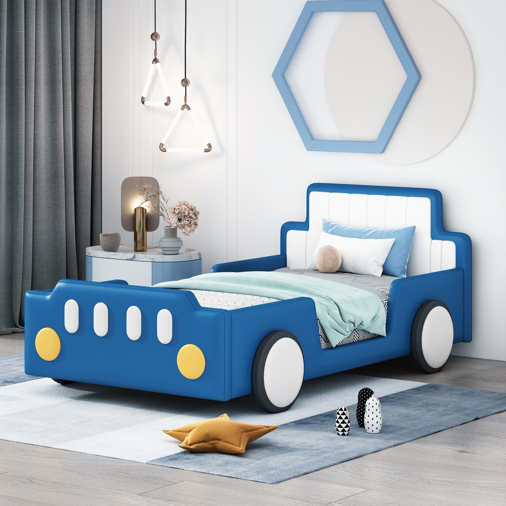 LUXEYARD Twin Size Race Car-Shaped Platform Bed with Wheels Blue in the ...