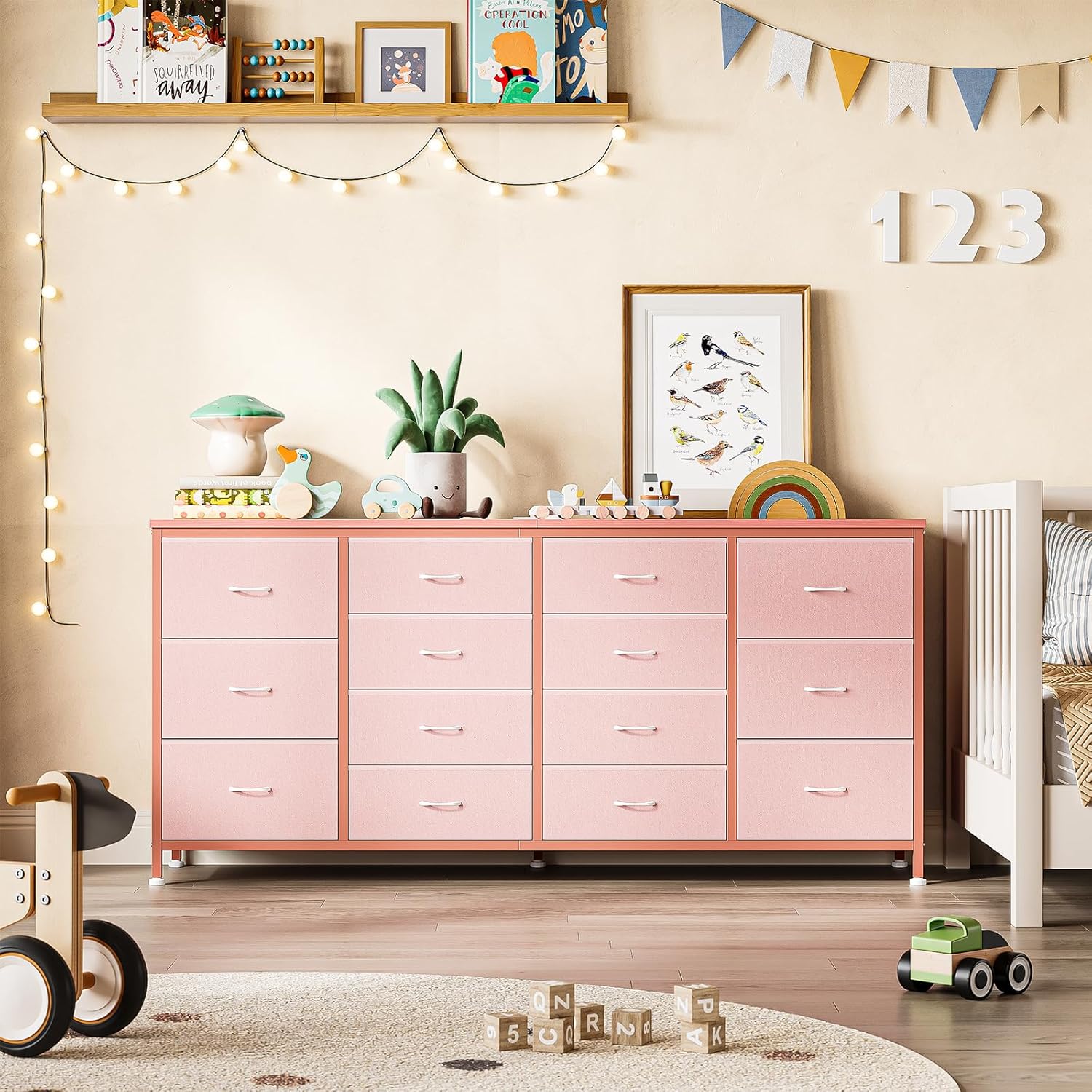 Der Rose 14 Drawer Dresser 63 Fabric TV Stand with Power Outlet Long ...