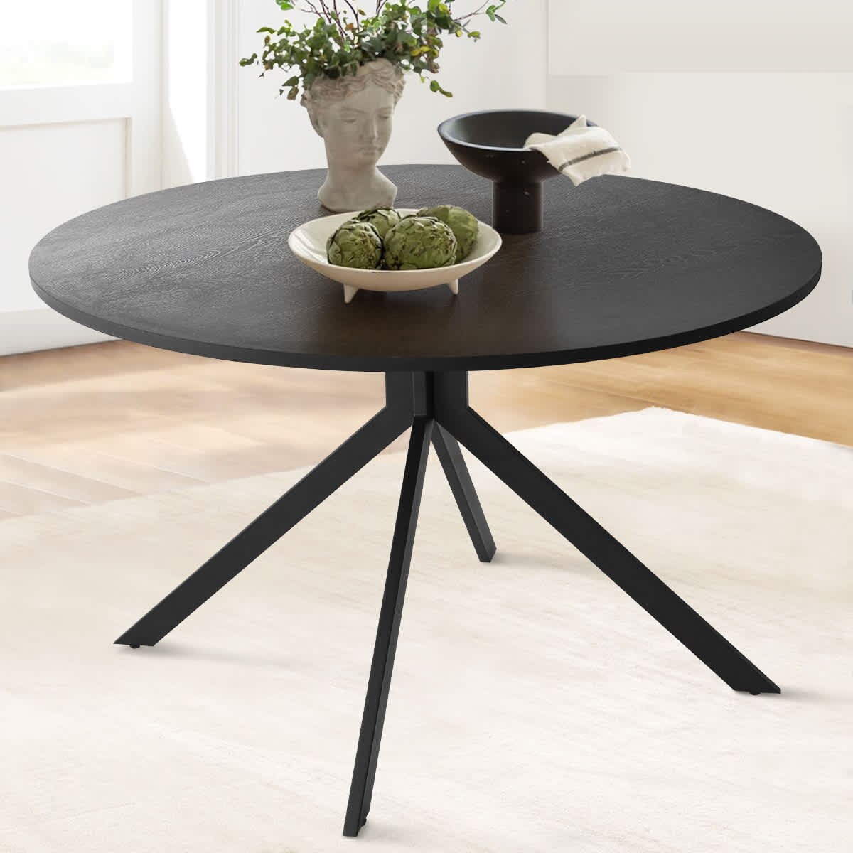 Maison Boucle 43 Inch Black Round Pedestal Wood Dining Table for Modern Kitchen Apartment or ...